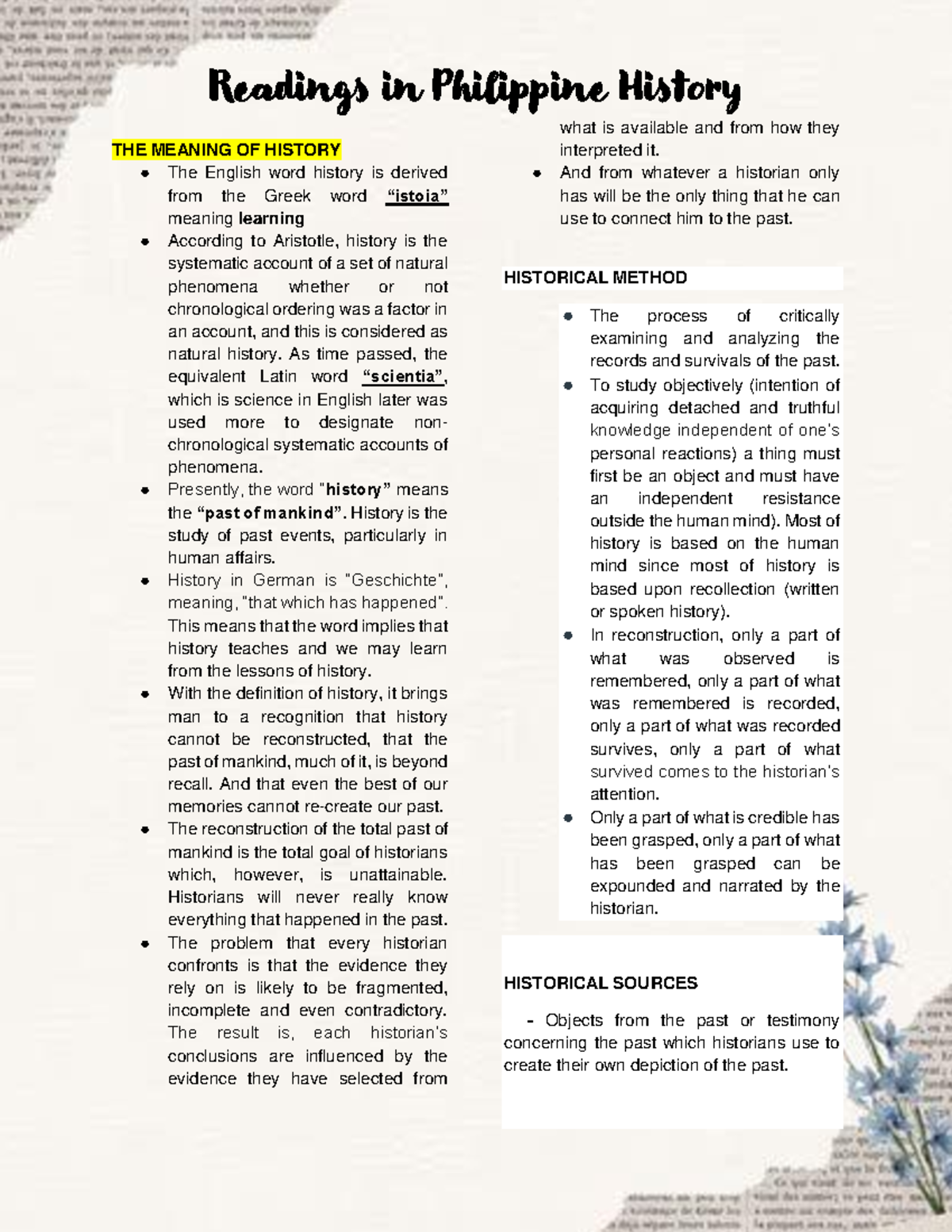 Prelims-RIPH111 - RIPH PRELIMS REVIEWER - THE MEANING OF HISTORY The ...