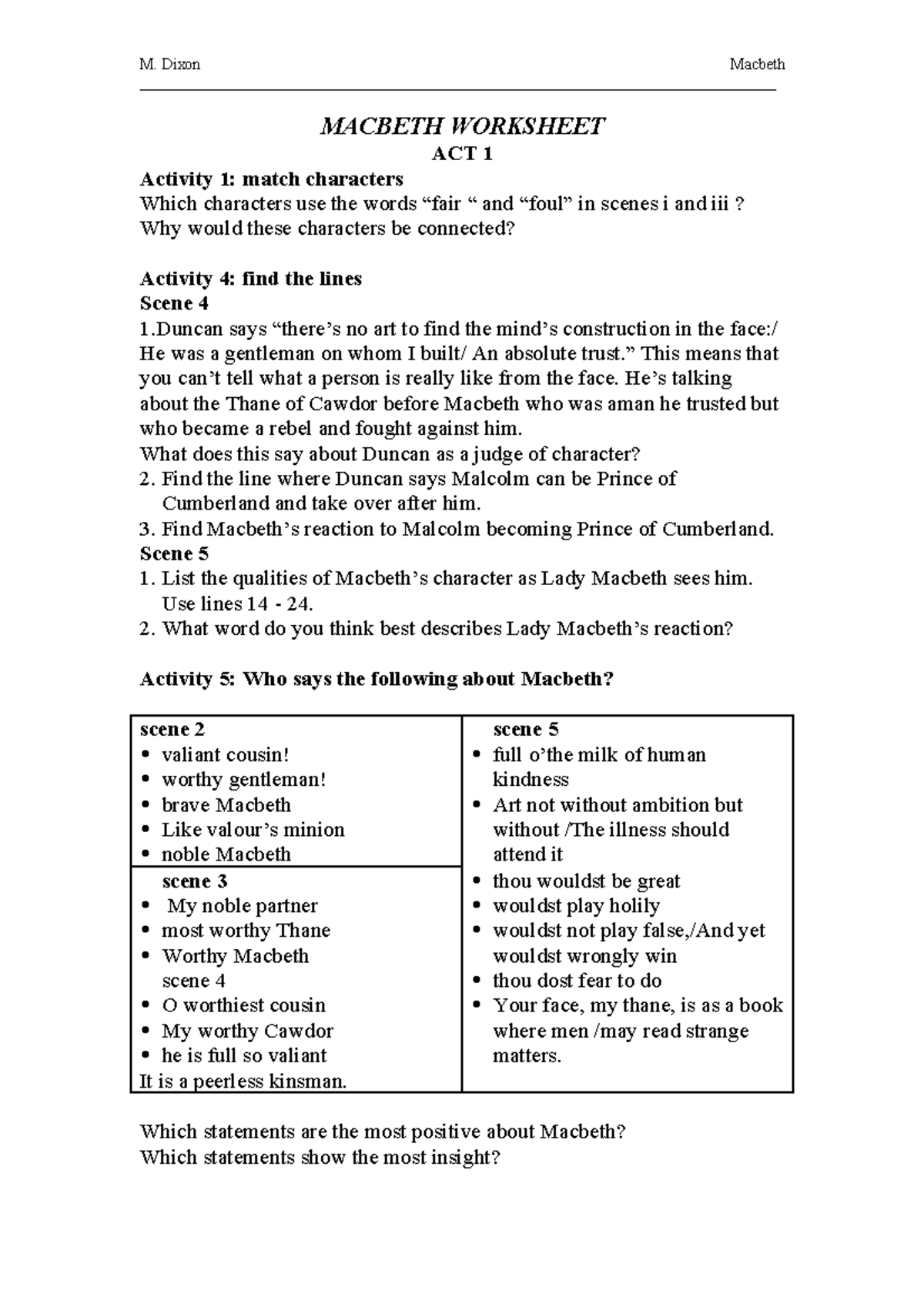 Macbeth Worksheet - - Studocu