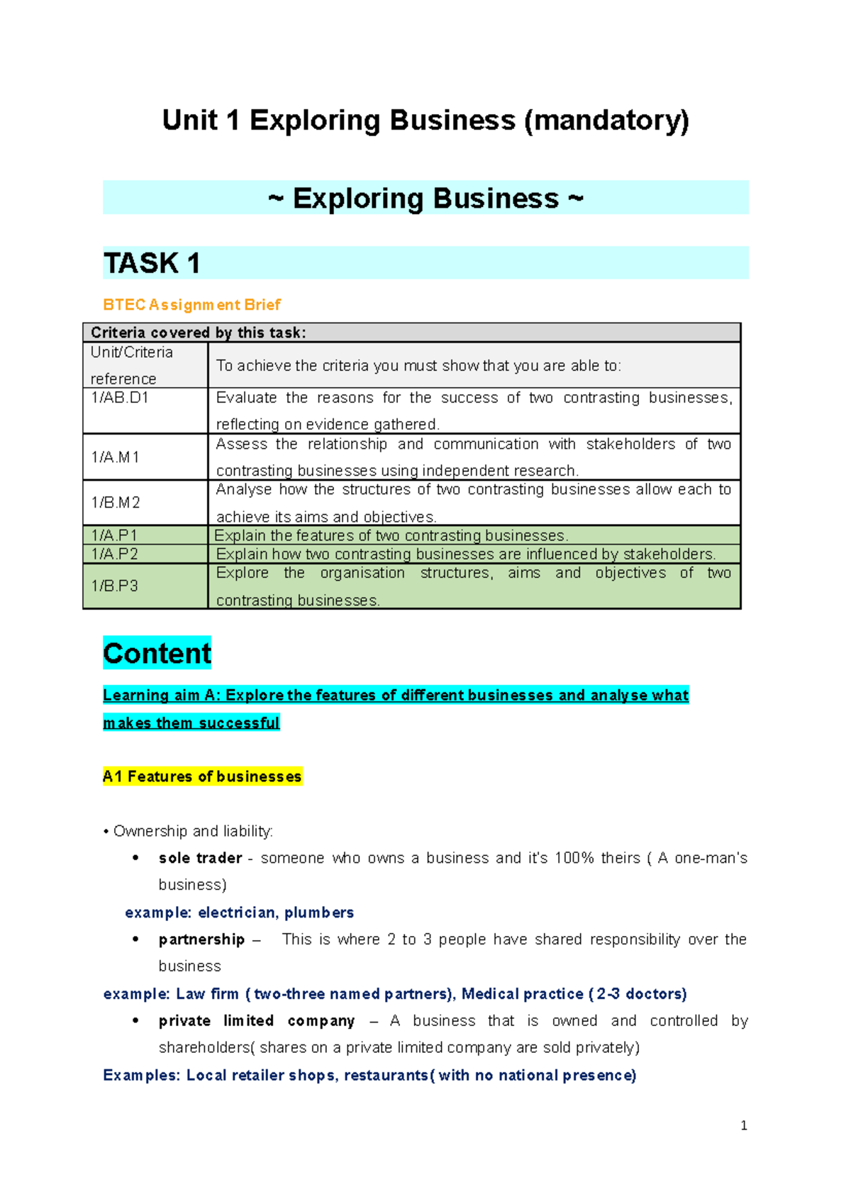 Definitions unit 1 - Task 1 , Task 2 and Task 3 included - Unit 1 Exploring Business (mandatory ...