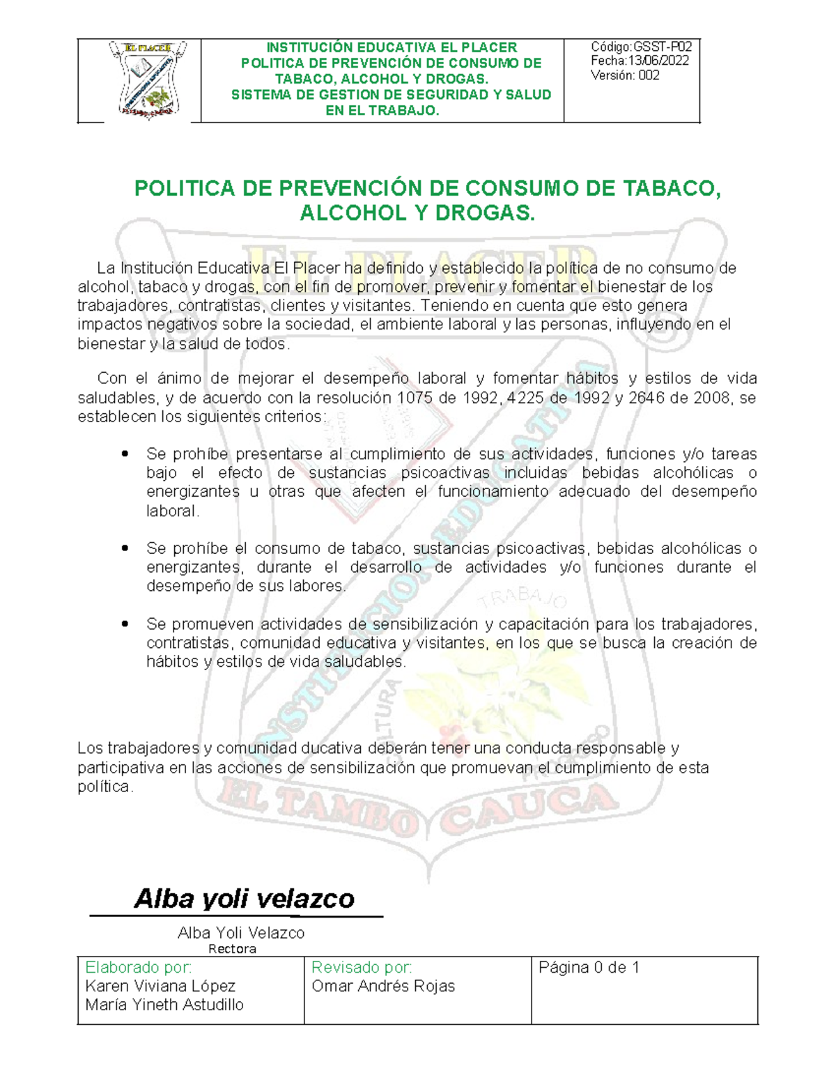 GSST-P02 Politica DE Prevencion DE Sustancias Psicoactivas, Tabaco Y Alcohol EN EL Tarabajo ...