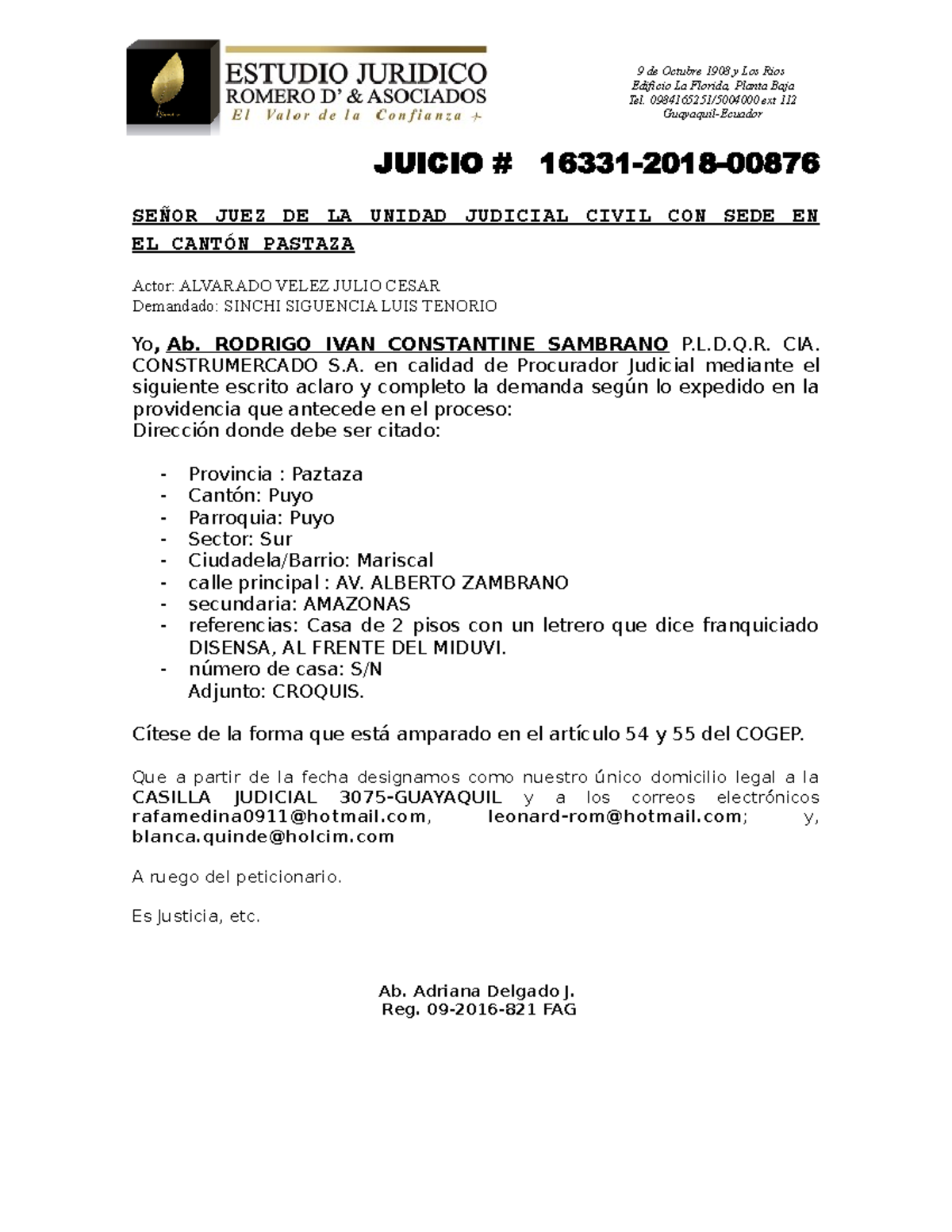 Escrito de completar demanda - JUICIO # 16331-2018- SEÑOR JUEZ DE LA ...