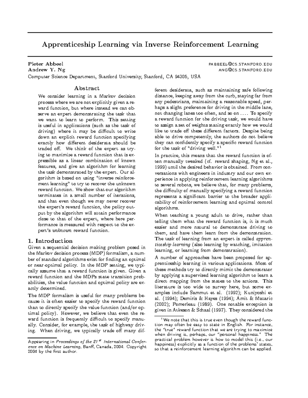 Apprenticeship learning via inverse reinforcement learning ...