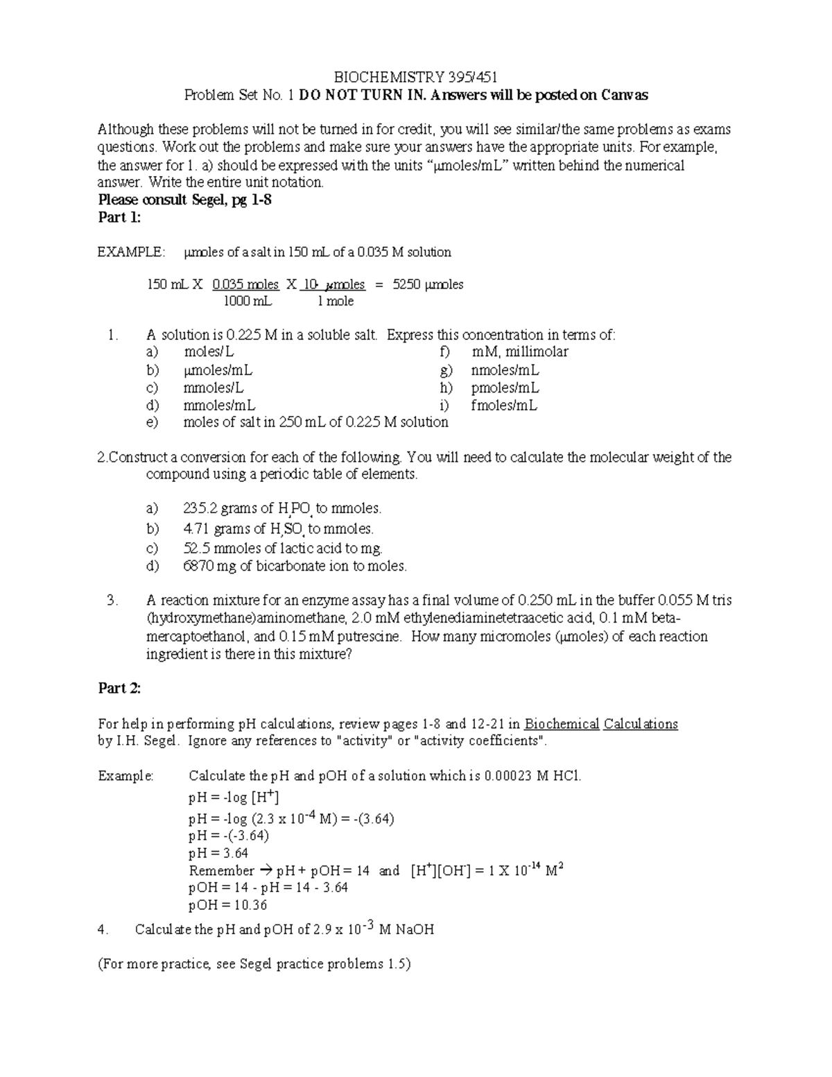 Problem Set #1 F2018 - BIOCHEMISTRY 395/451 Problem Set No. 1 DO NOT ...