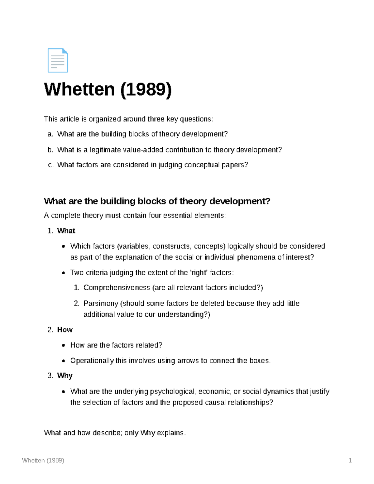 Whetten (1989) summary - Whetten (1989) 1 ² Whetten (1989) This article ...