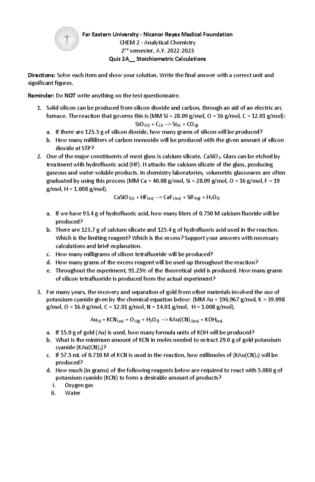 Quiz 2 Stoichiometric Calculations - Far Eastern University - Nicanor ...