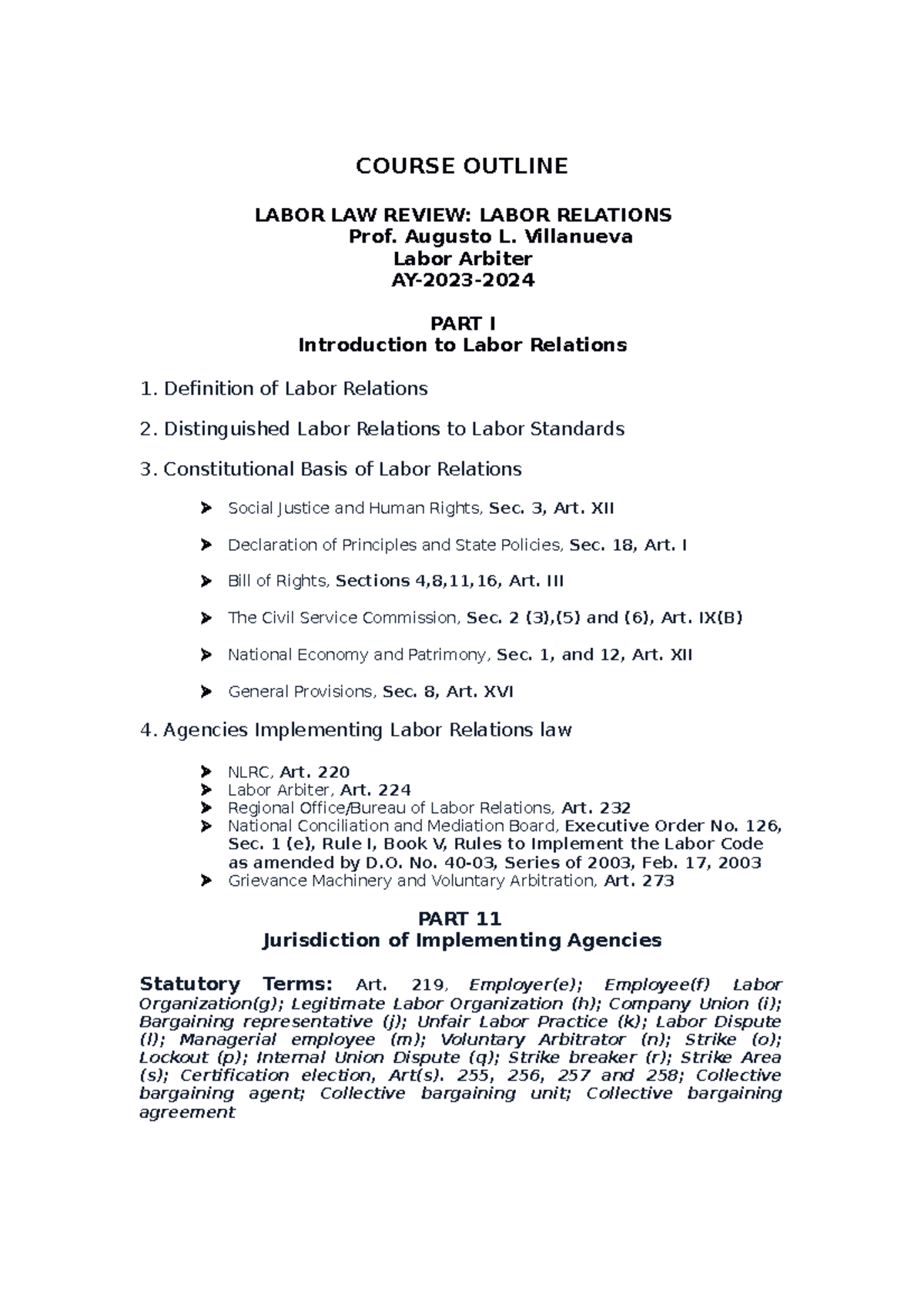 Labor-LAW- Review PART-1 - COURSE OUTLINE LABOR LAW REVIEW: LABOR ...