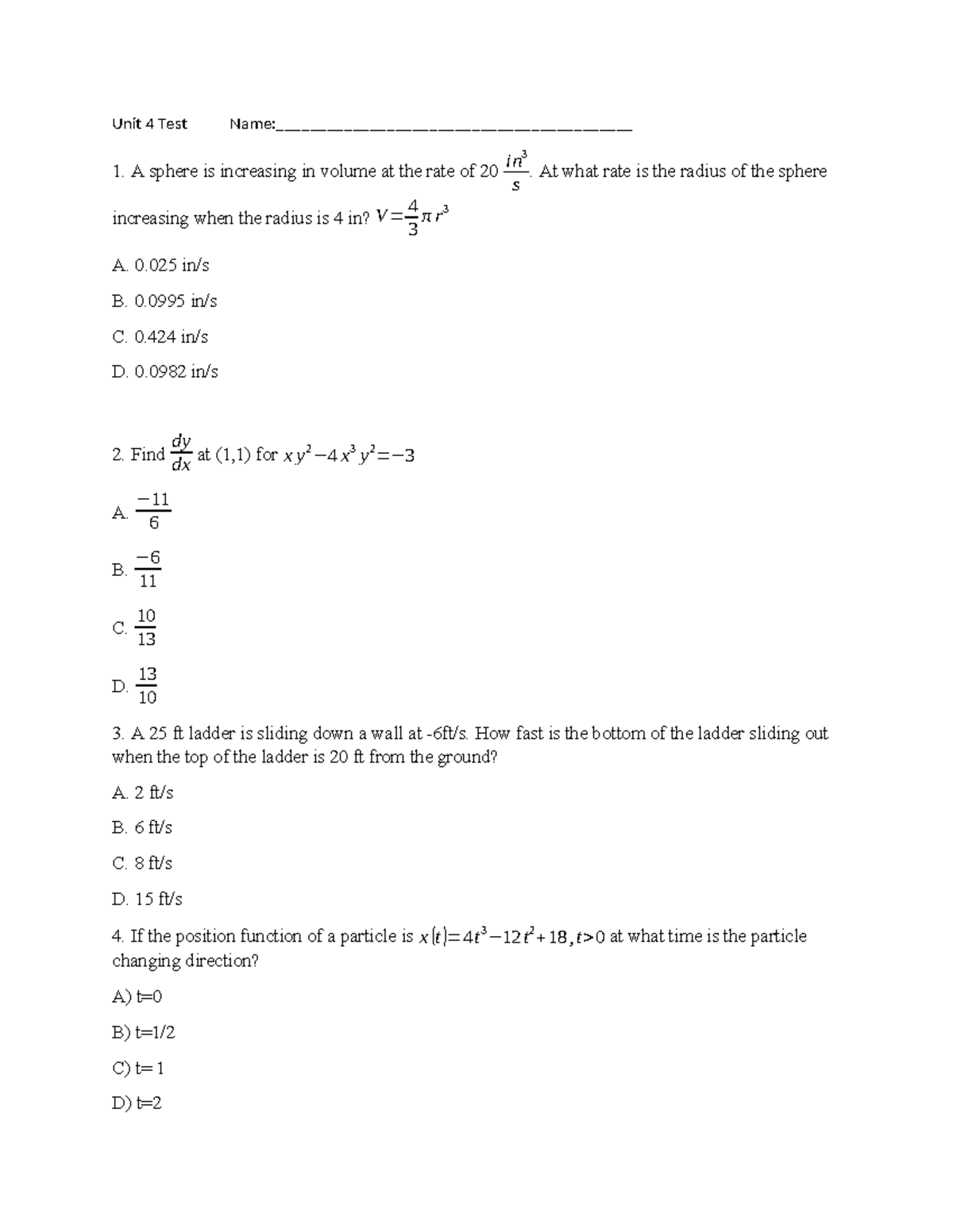Unit 4 and 5 Test - Test over Derivative Applications - Unit 4 Test ...