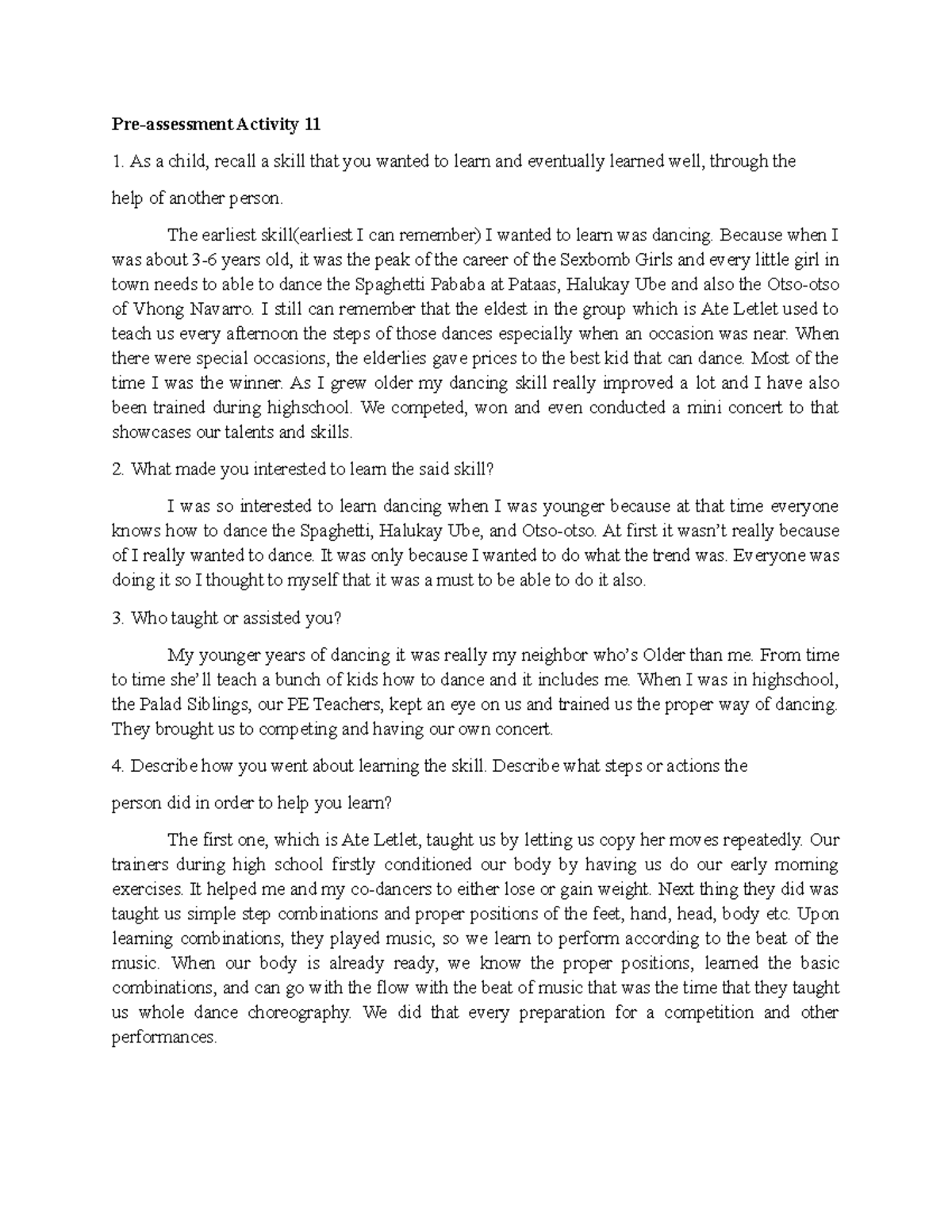 Pre and Post Assessment Task No. 11 - Pre-assessment Activity 11 As a ...