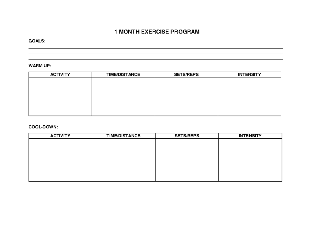 Exercise Program - Plan - 1 MONTH EXERCISE PROGRAM GOALS: - Studocu