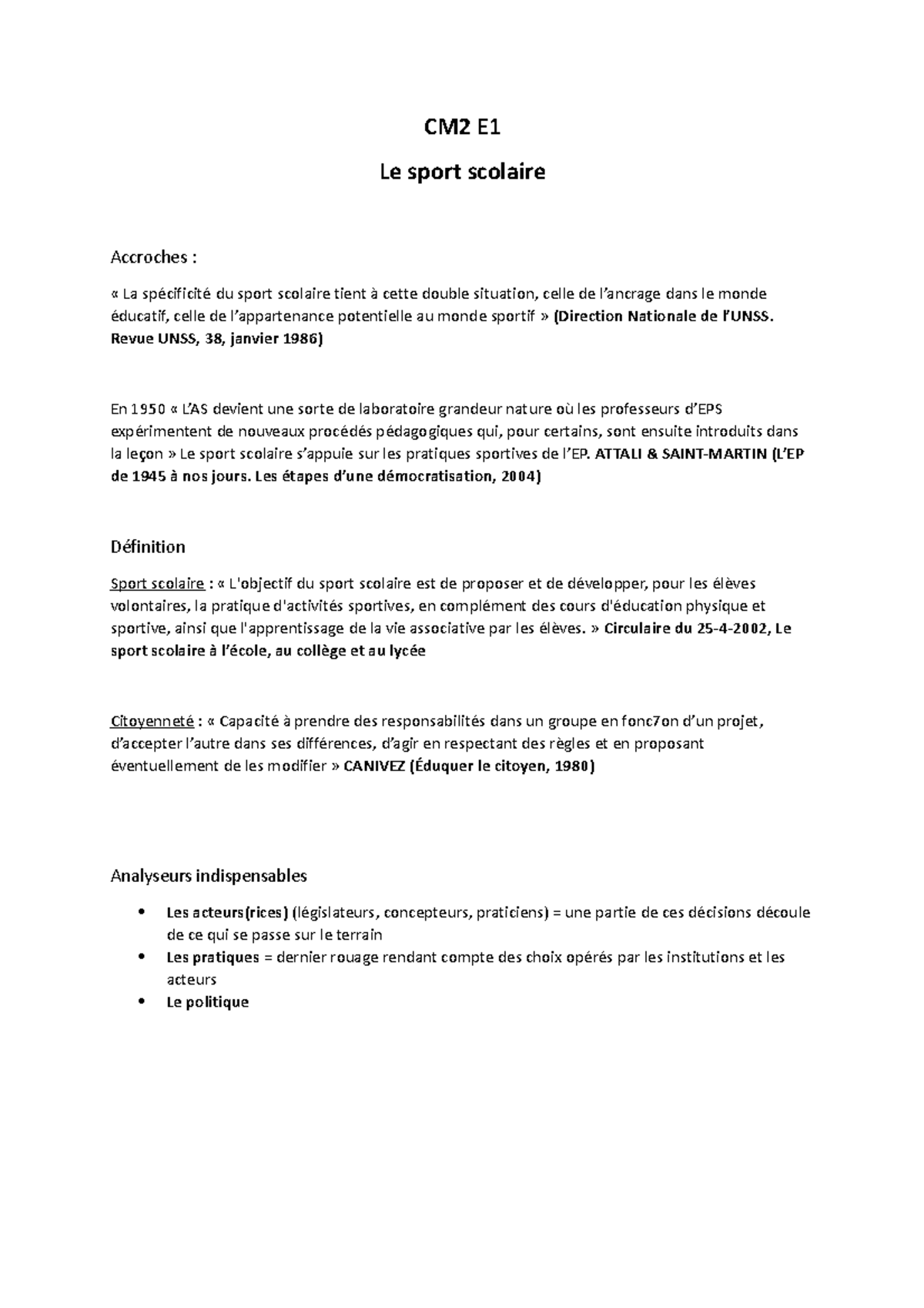 Fiche E1 Sport Scolaire - CM2 E Le sport scolaire Accroches : « La spécificité du sport scolaire ...