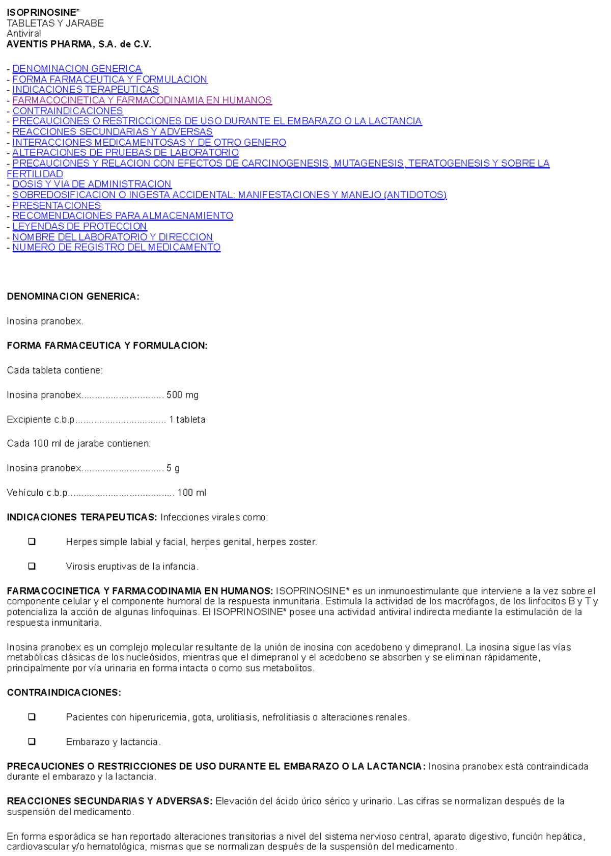 Isoprinosina-FT-Aventis 2014 - ISOPRINOSINE* TABLETAS Y JARABE ...