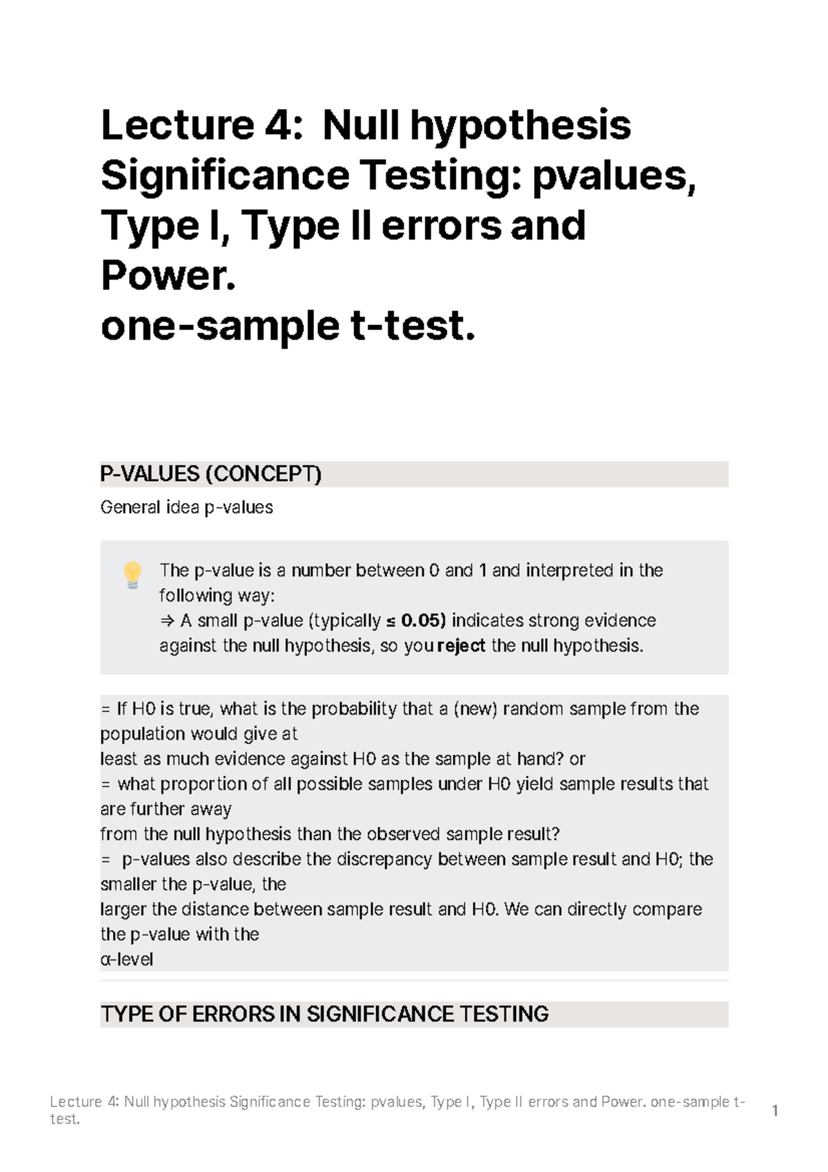 Lecture 4 Null Hypothesis Significance Testing Pvalues Type I Type Ii Errors And Power One