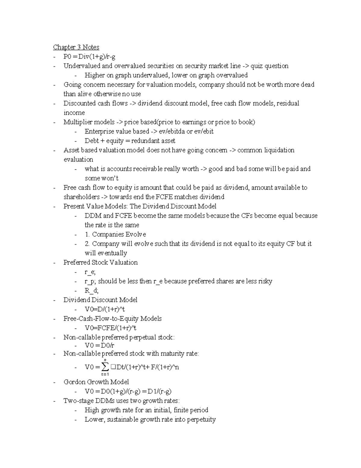 Comm 421 Notes Chapters - Chapter 3 Notes - P0 = Div(1+g)/r-g ...