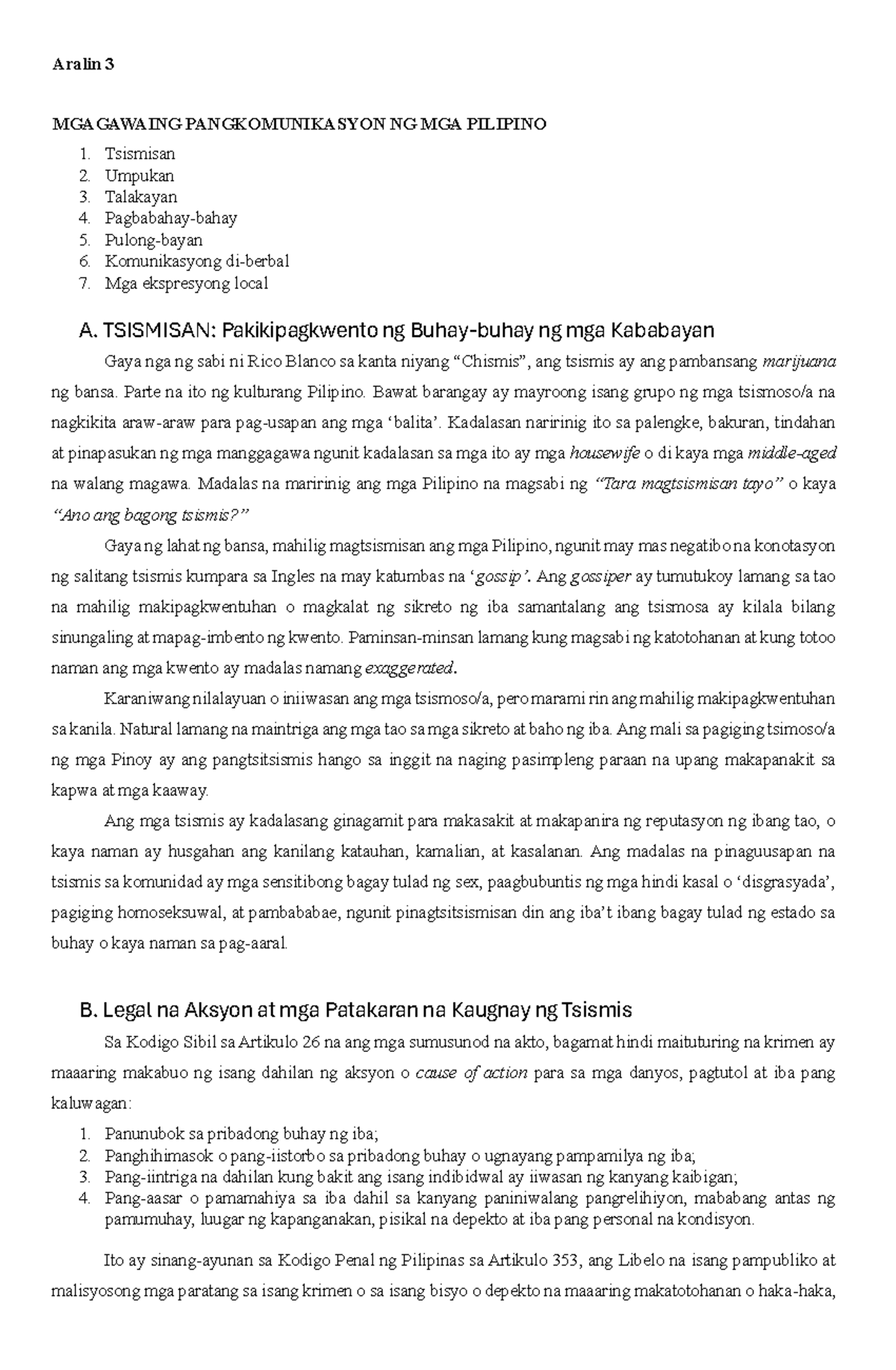 Aralin 3 - Aralin 3 MGAGAWAING PANGKOMUNIKASYON NG MGA PILIPINO 1 ...
