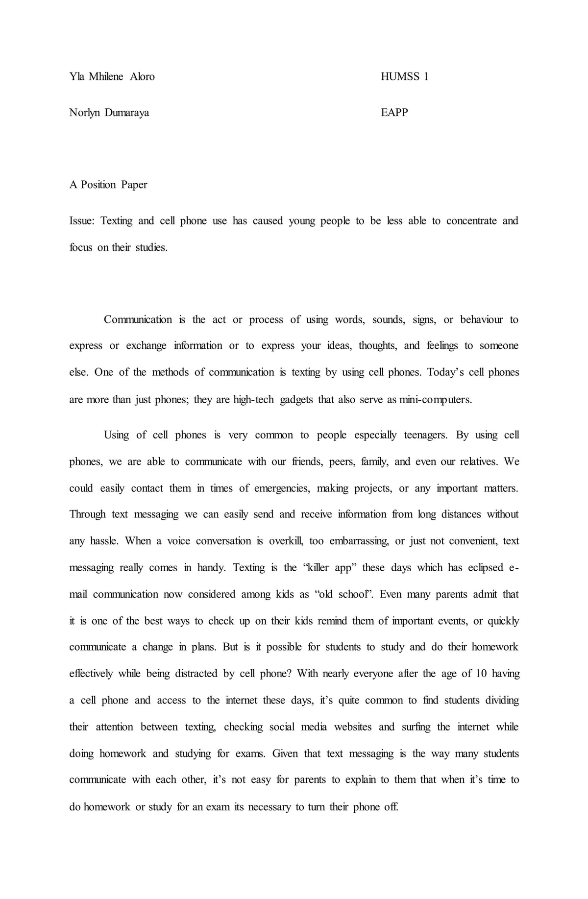 Position Paper sample 2 - Yla Mhilene Aloro HUMSS 1 Norlyn Dumaraya ...