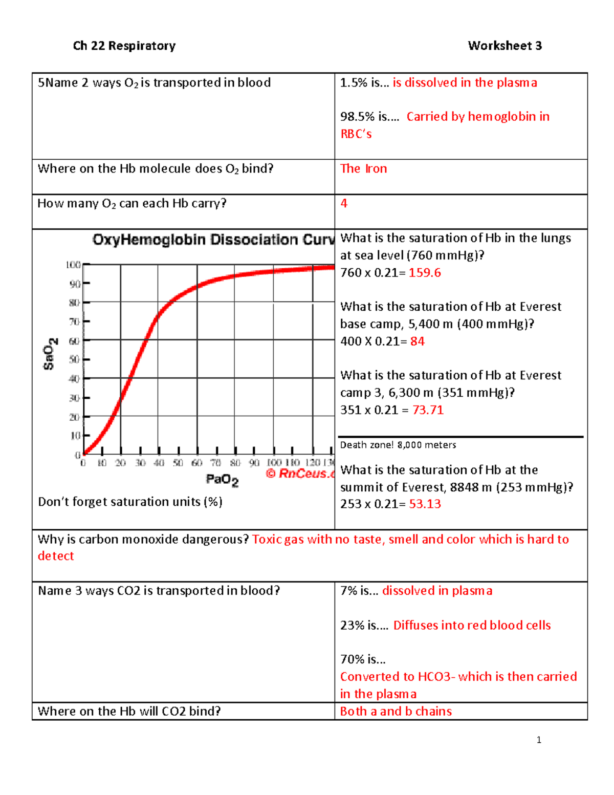 Respiratory worksheet 3 Blood gas transport - Ch 22 Respiratory ...