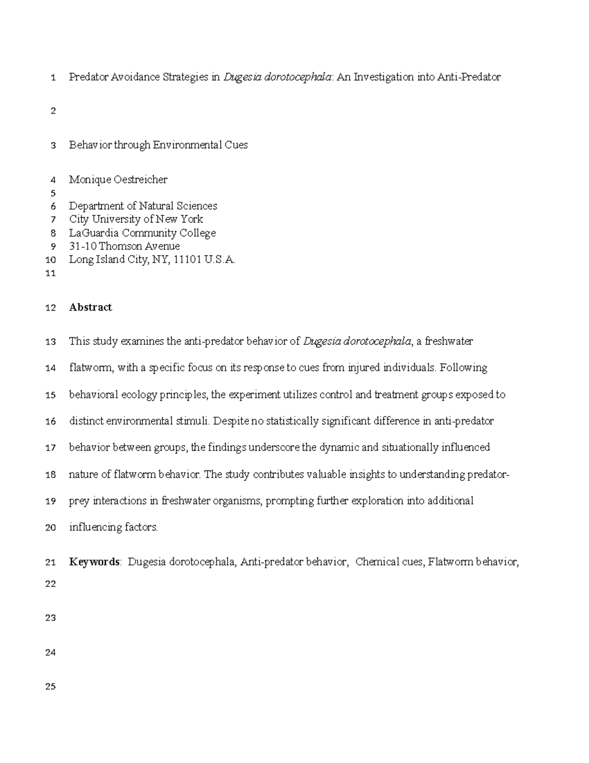 Lab 5 report - Predator Avoidance Strategies in Dugesia dorotocephala ...