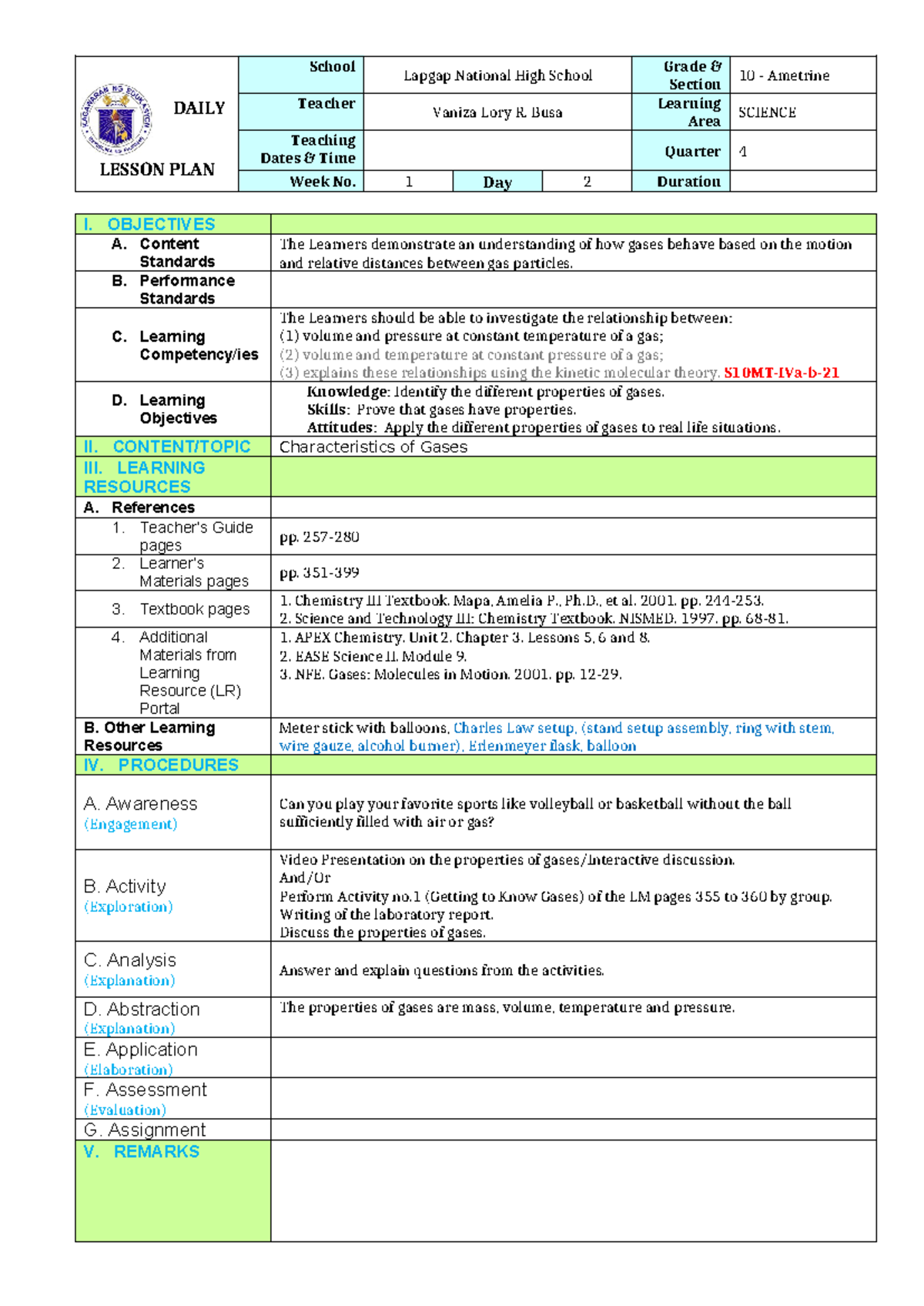 Science 10 DLP Q4W1D2 RBM - DAILY LESSON PLAN School Lapgap National ...