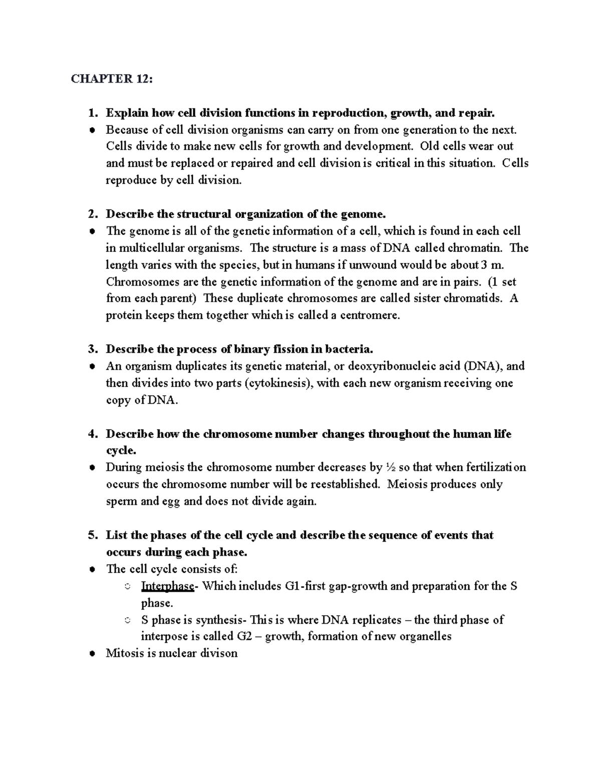 General Biology I Chapter 12 (The Cell Cycle) Part 1 - CHAPTER 12: Explain how cell division ...