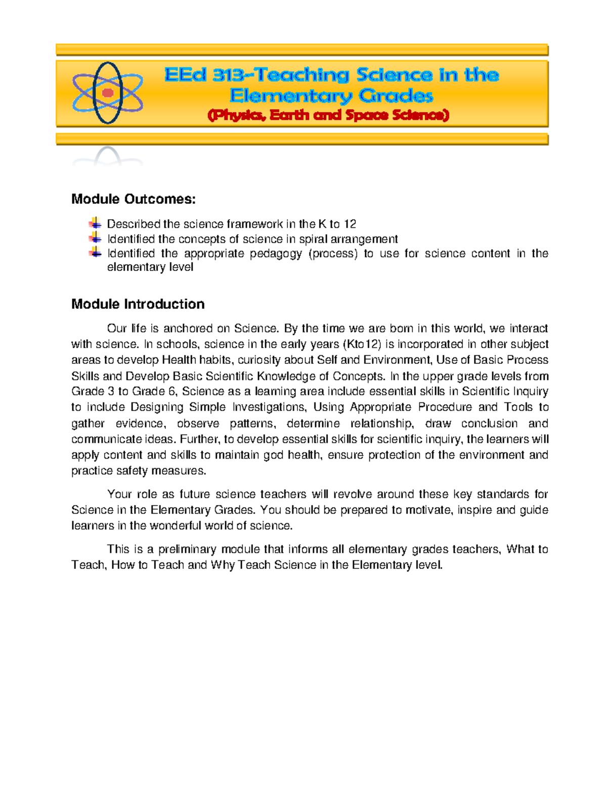 EED 313 Lesson 1 - Learning Material - Module Outcomes: Described the ...