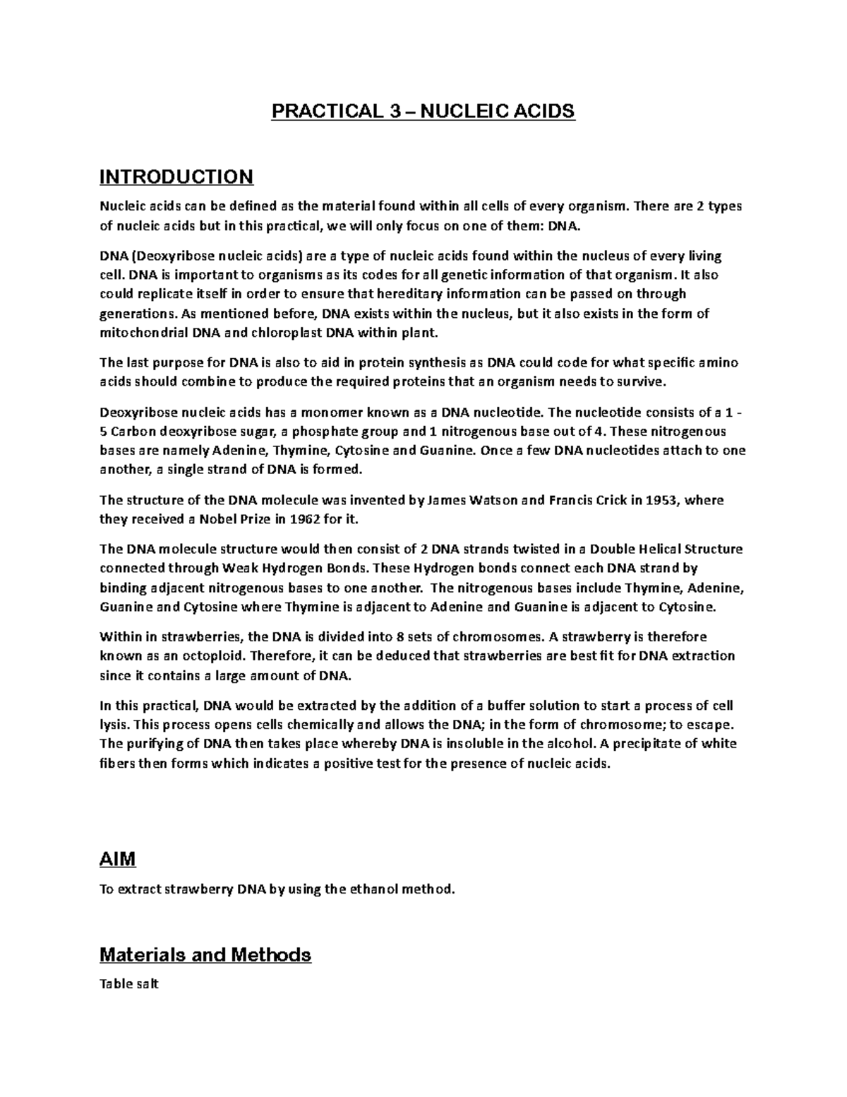 Practical 3 - A lap report on nucleic acids - PRACTICAL 3 – NUCLEIC ...