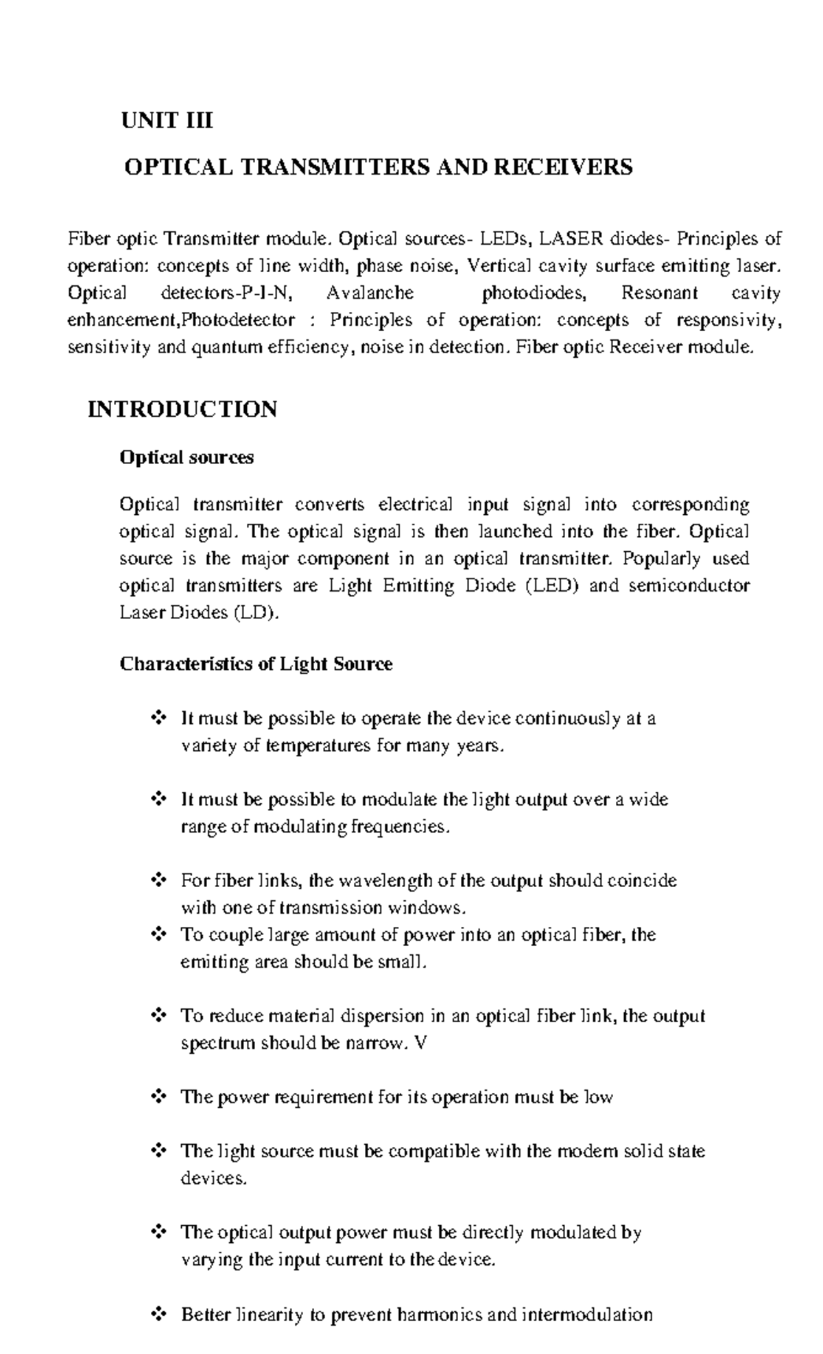 Optical Transmitters AND Receivers - UNIT III OPTICAL TRANSMITTERS AND ...