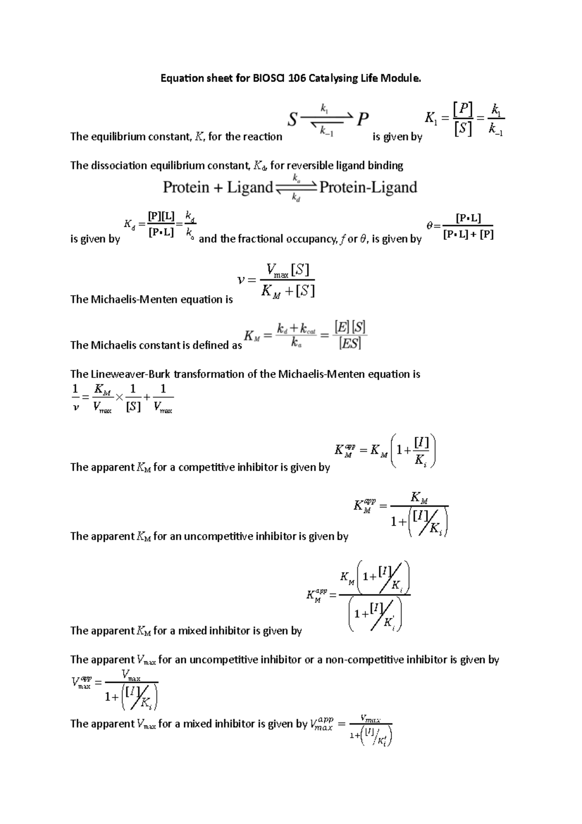 Equation sheet for Biosci 106 Catalysing Life Module - Equa%on sheet ...