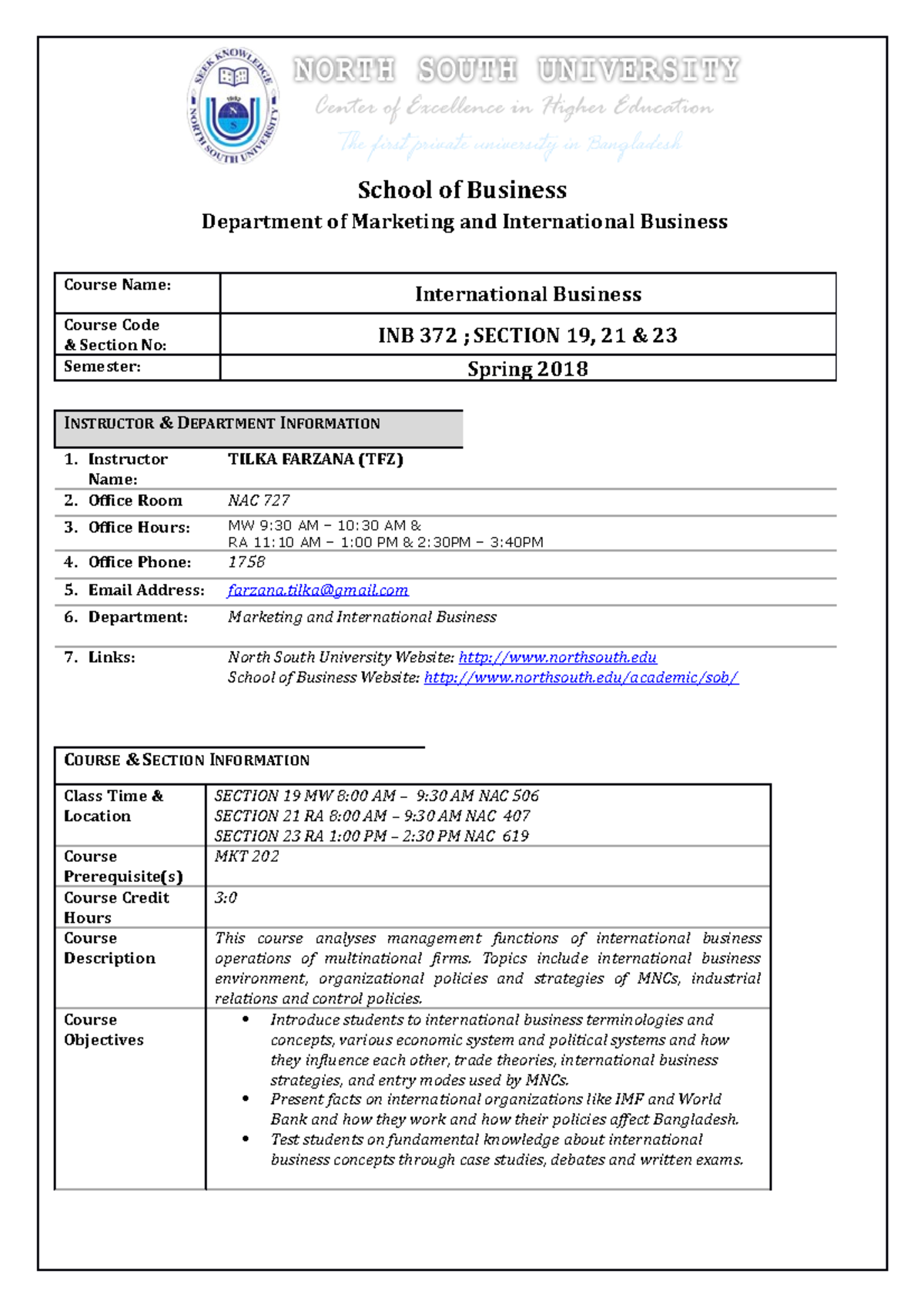 INB 372 Course Outline TFZ - School of Business Department of Marketing ...