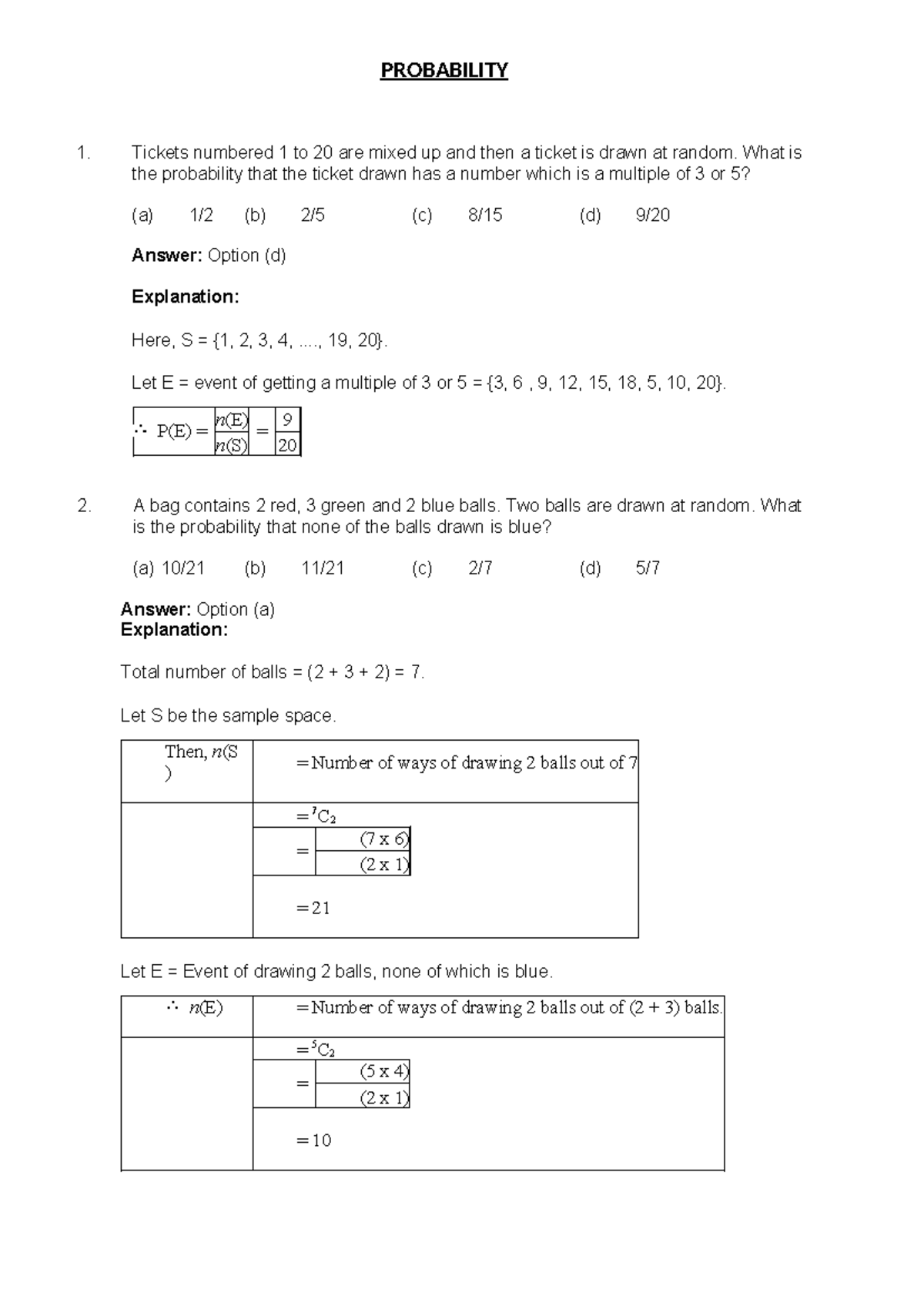 Probability - PROBABILITY 1. Tickets numbered 1 to 20 are mixed up and ...