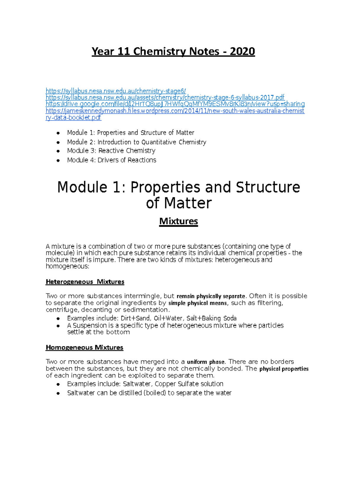 Chemistry - Modules 1-4 Notes - Year 11 Chemistry Notes - 2020 - Studocu