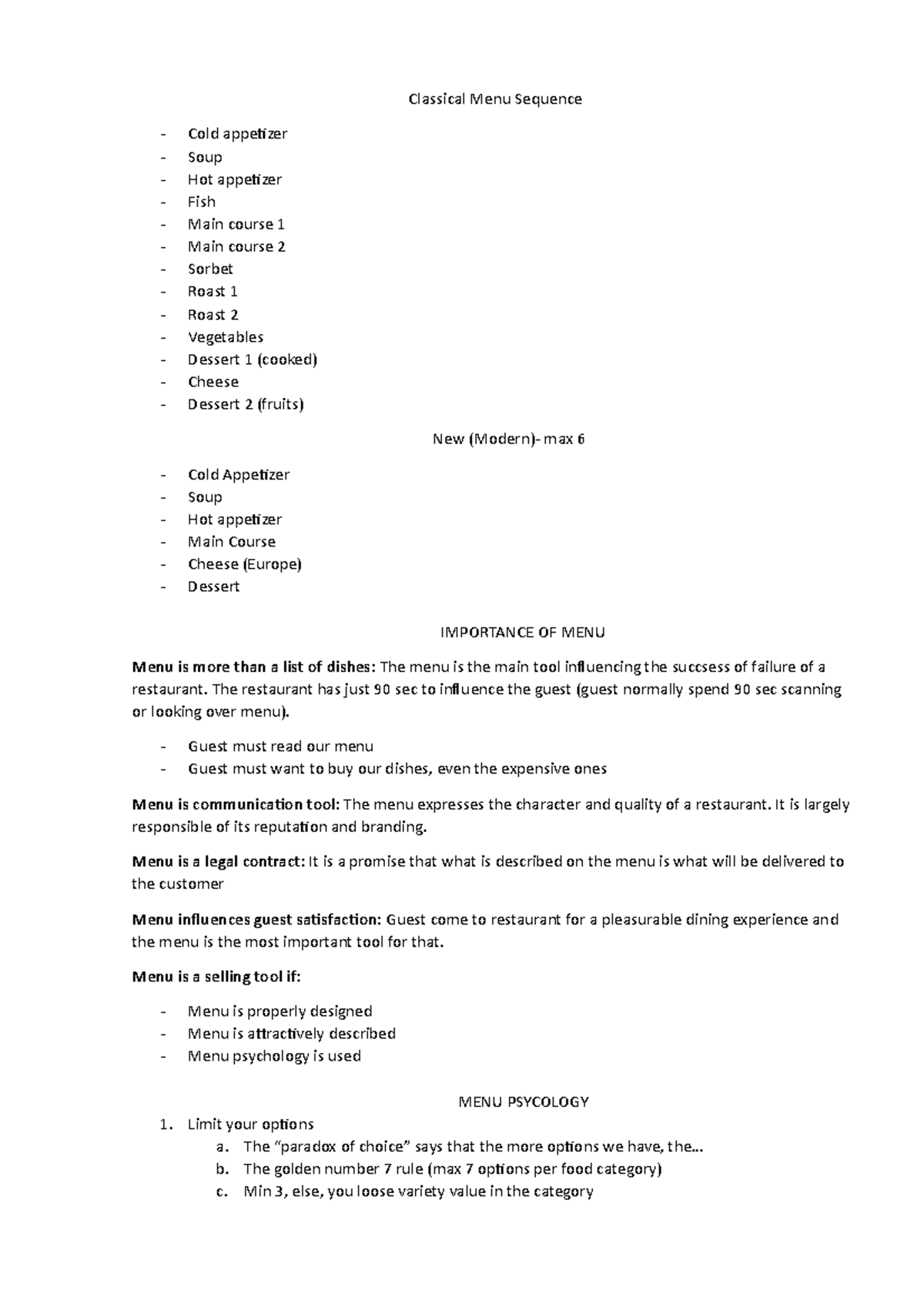 Menu Physocology - Classical Menu Sequence Cold appetizer Soup Hot ...