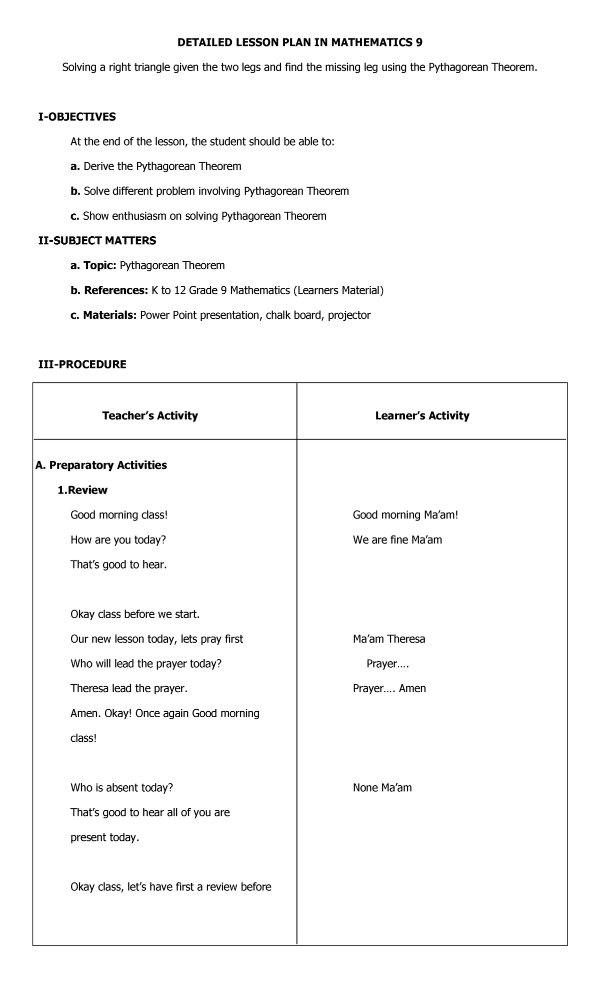 Toaz LP IN MATH - DETAILED LESSON PLAN IN MATHEMATICS 9 Solving a right ...