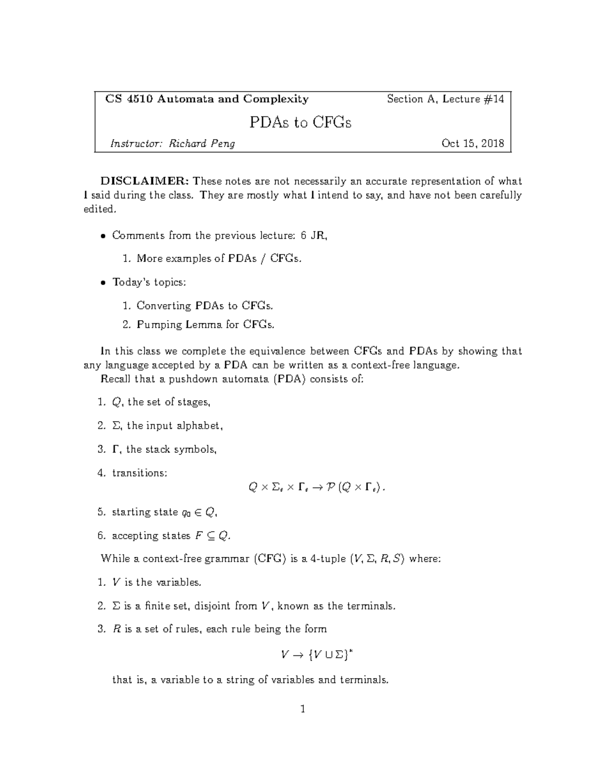 Fa18 Oct15 Pdas To Cfgs Class Notes Cs 4510 Automata And Complexity Section A Lecture