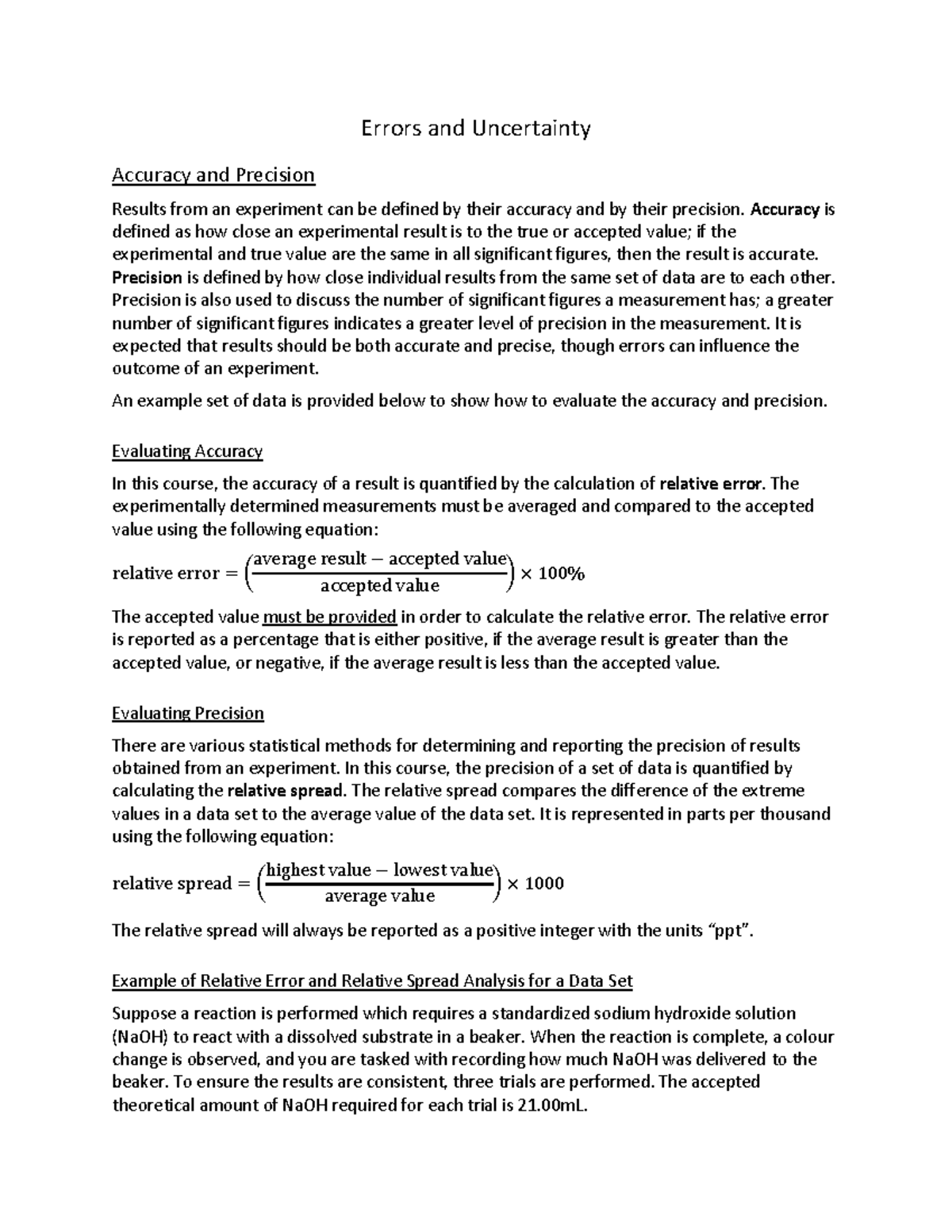Errors and Uncertainty - Errors and Uncertainty Accuracy and Precision Results from an ...