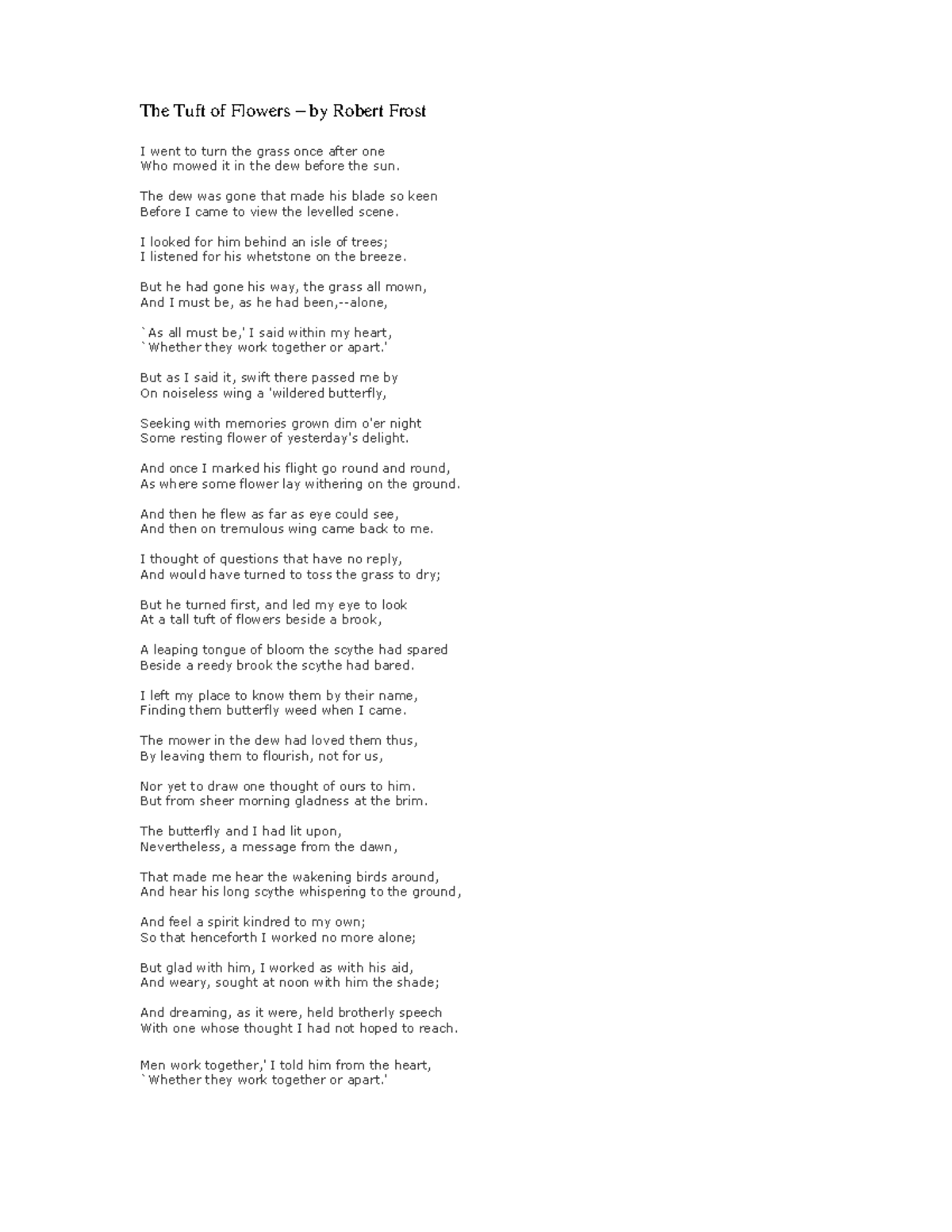 Frost Poems - MA English - The Tuft of Flowers – by Robert Frost I went ...