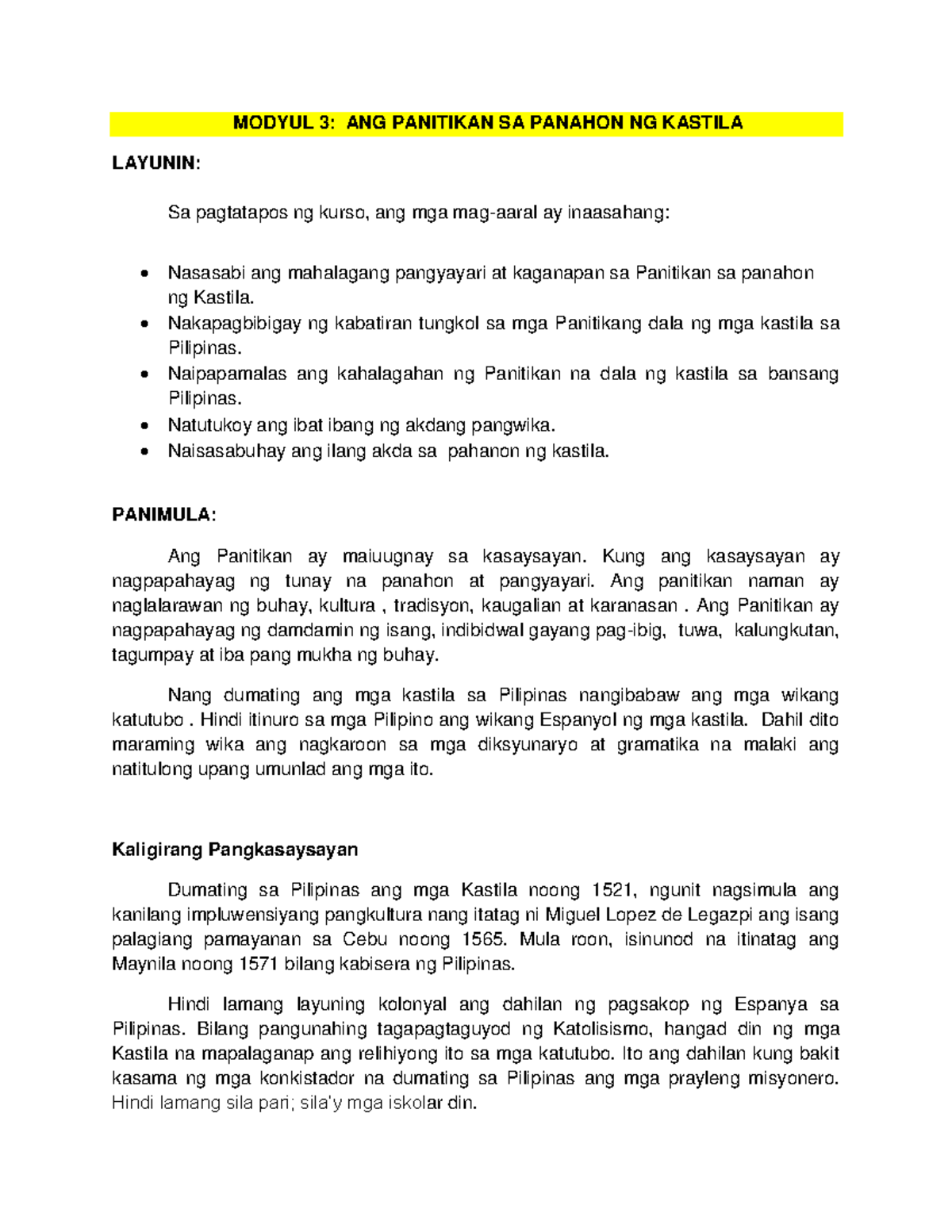 Fil2 mod3 - MODYUL 3: ANG PANITIKAN SA PANAHON NG KASTILA LAYUNIN: Sa ...