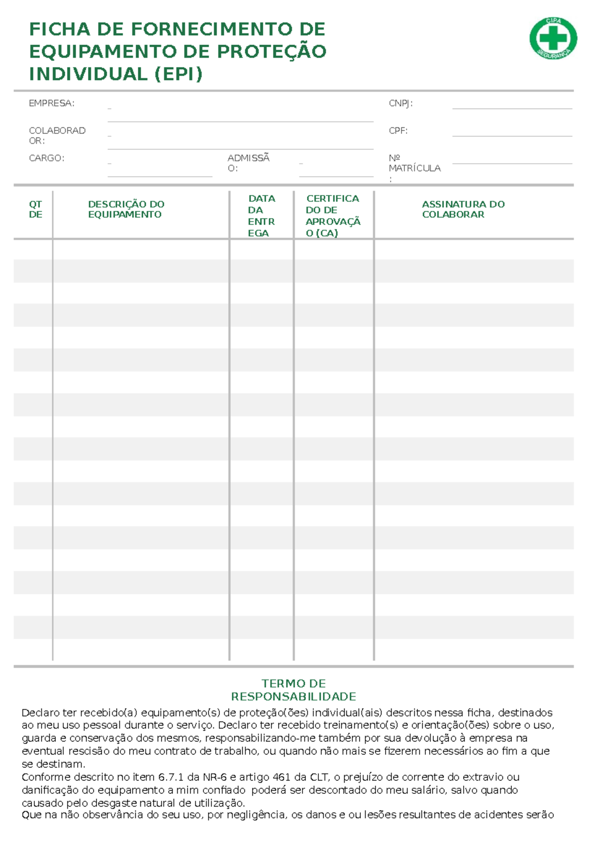 Modelo de Ficha de EPI em branco - FICHA DE FORNECIMENTO DE EQUIPAMENTO ...