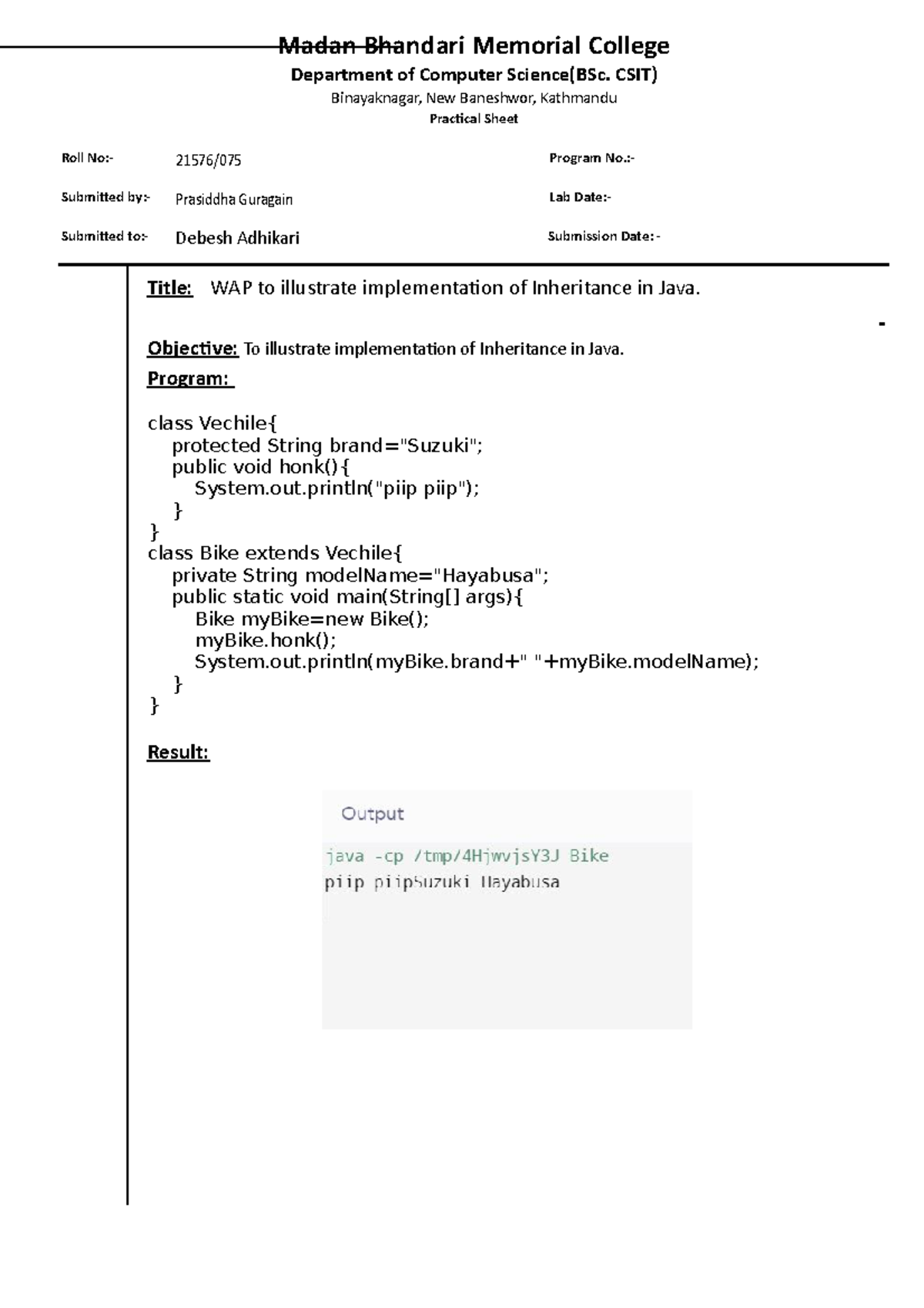 Java report - Department of Computer Science(BSc. CSIT) Binayaknagar, New Baneshwor, Kathmandu ...