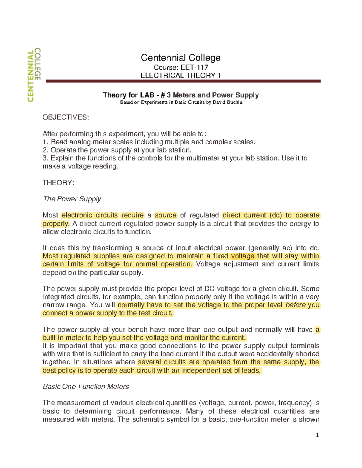 EET-117 LAB 3 Theory Meters and Power Supplies 1 - Centennial College ...