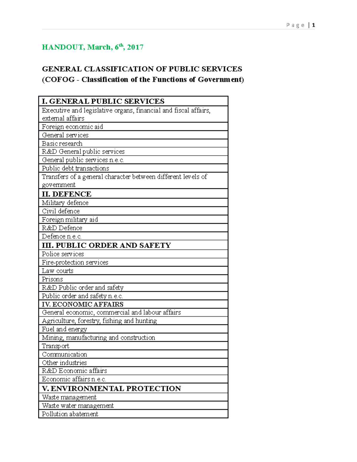Public services classification - P a g e | 1 HANDOUT, March, 6th, 2017 ...
