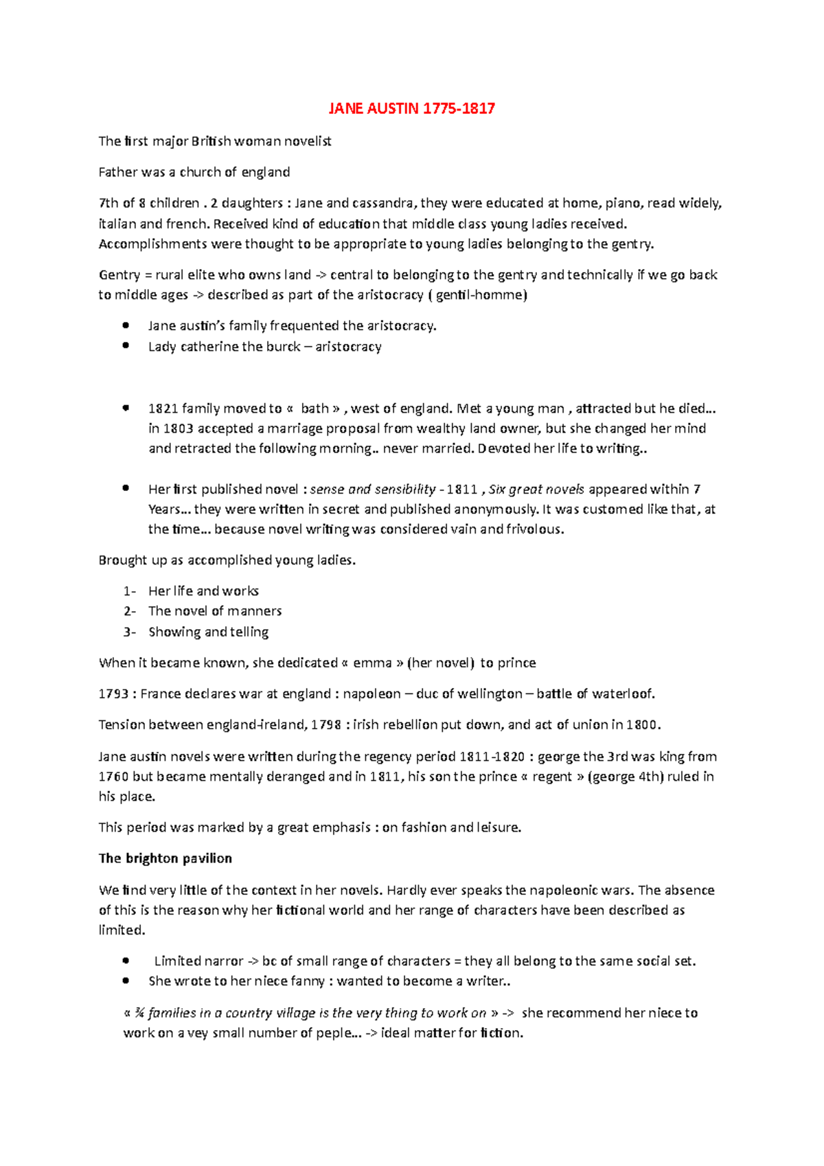 6. Jane Austen - Notes de cours 6 - JANE AUSTIN 1775- The first major ...