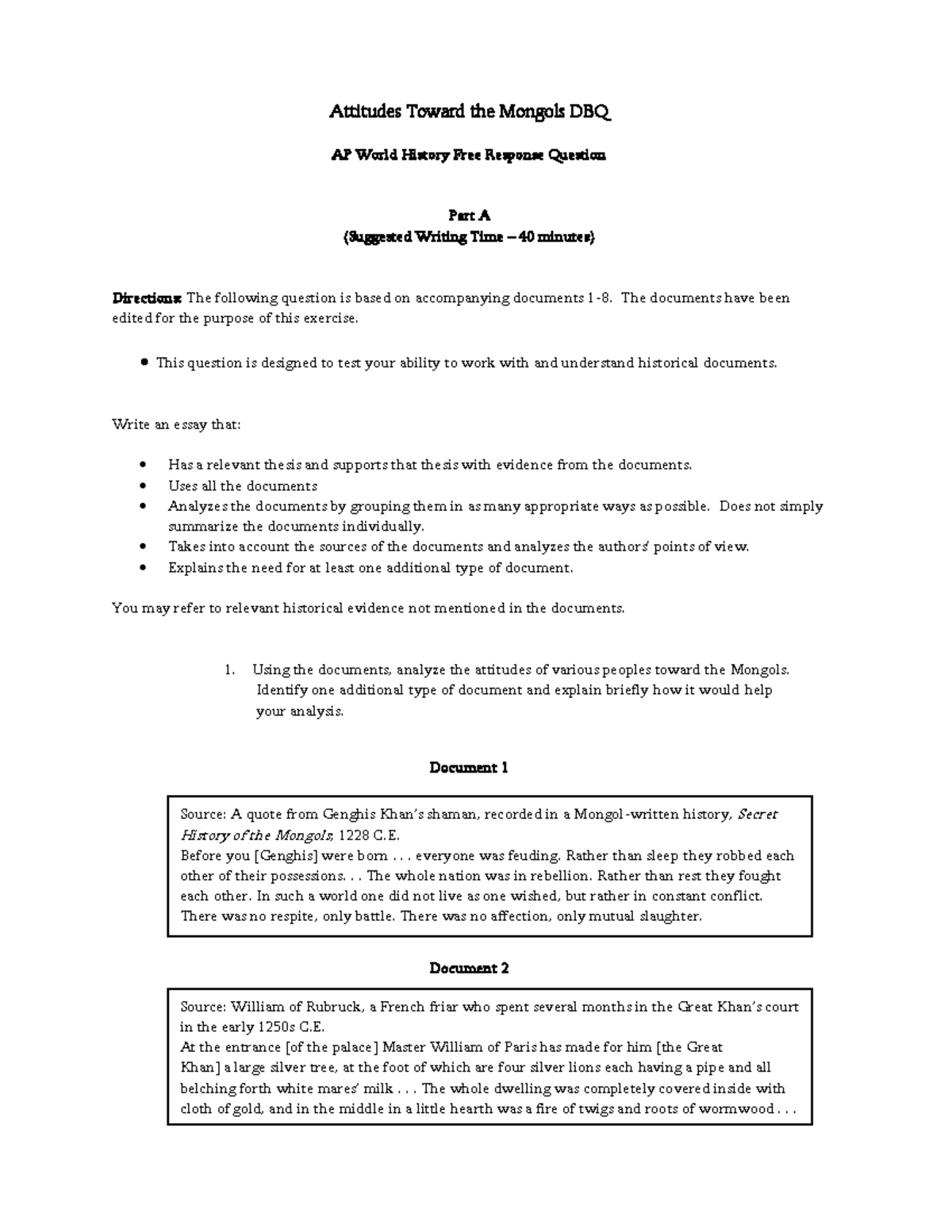 Mongols DBQ - jbkjjhk - Attitudes Toward the Mongols DBQ AP World ...