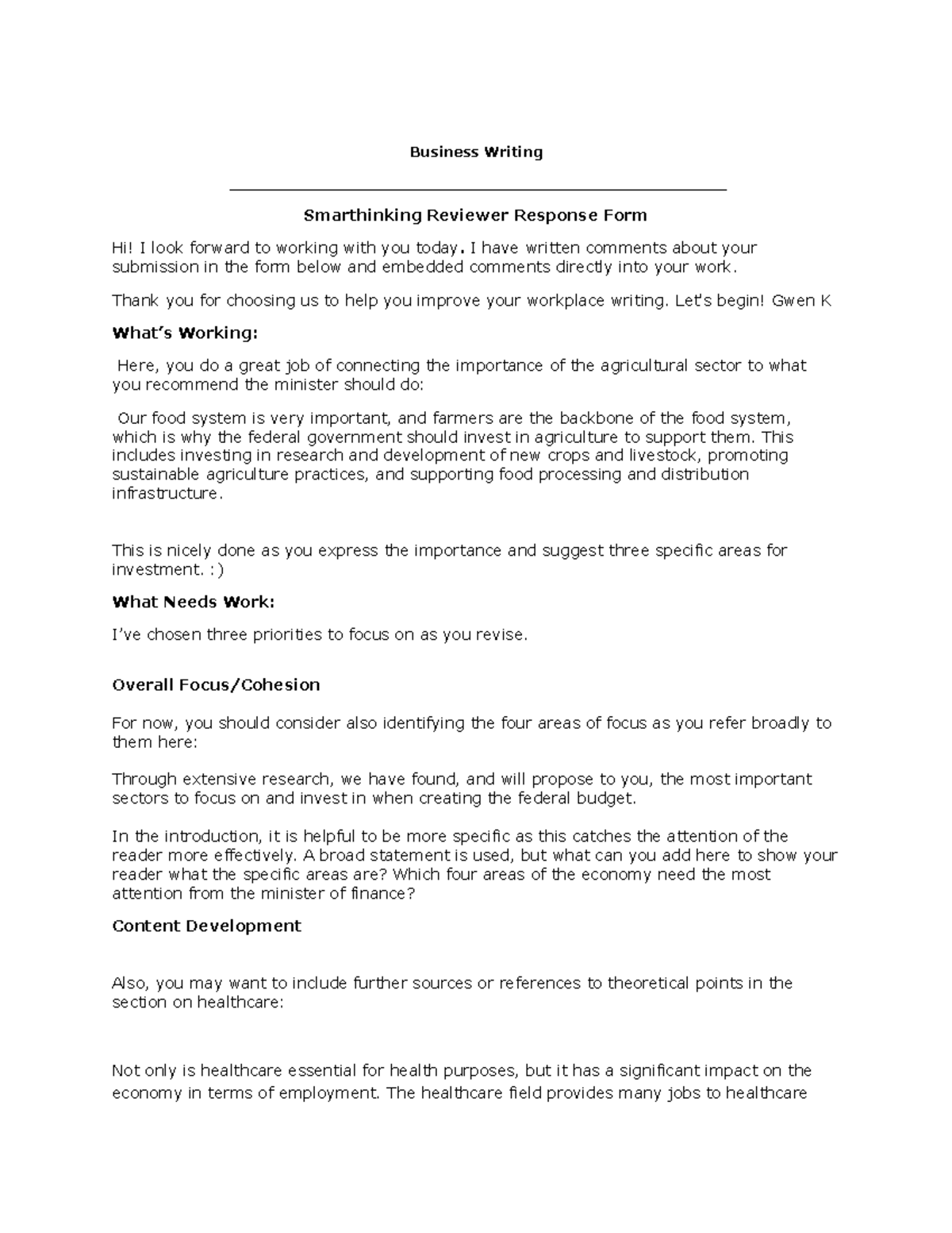 DPE PEAR Assignment - Business Writing Smarthinking Reviewer Response ...