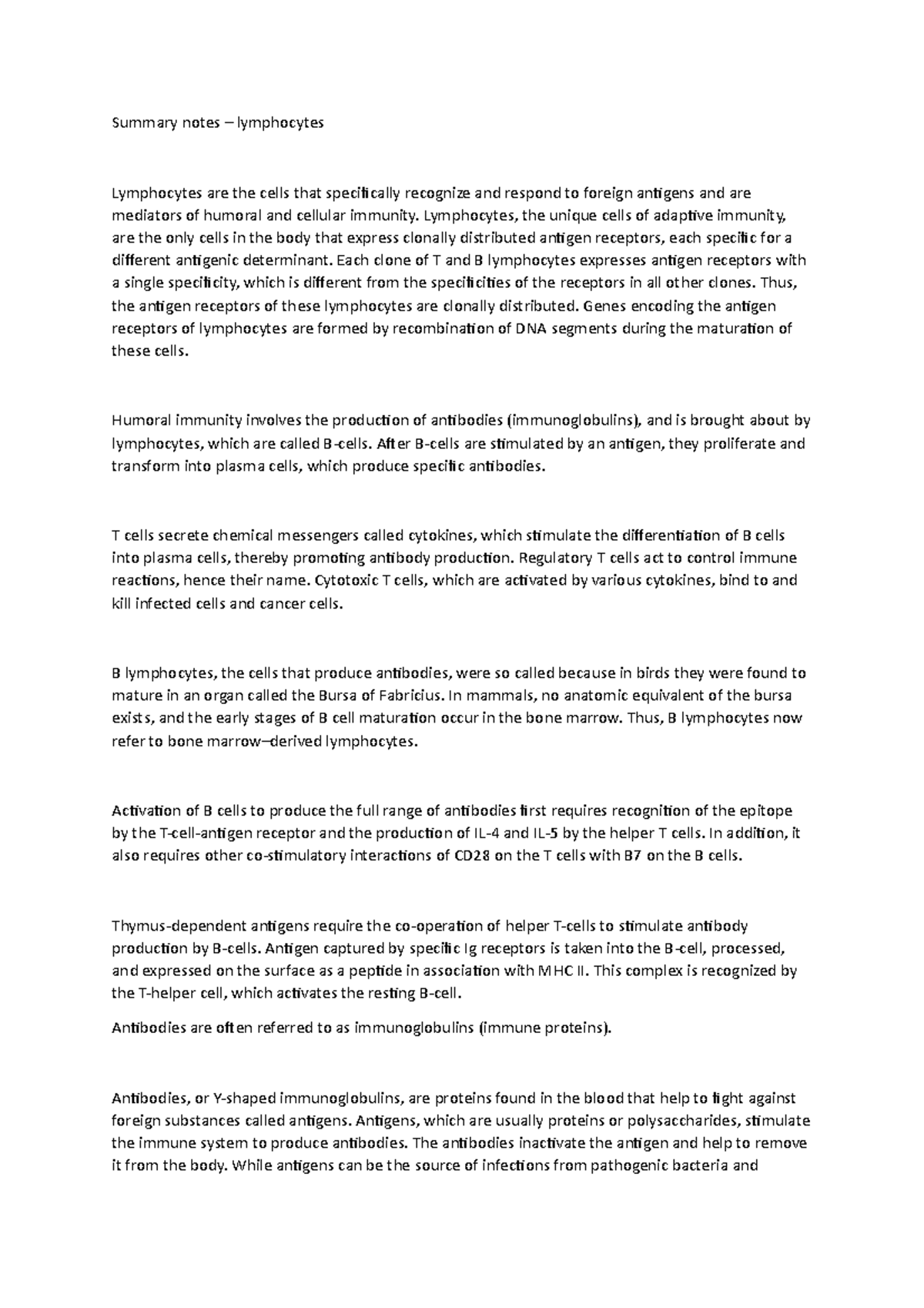 Summary notes – lymphocytes - Summary notes – lymphocytes Lymphocytes ...