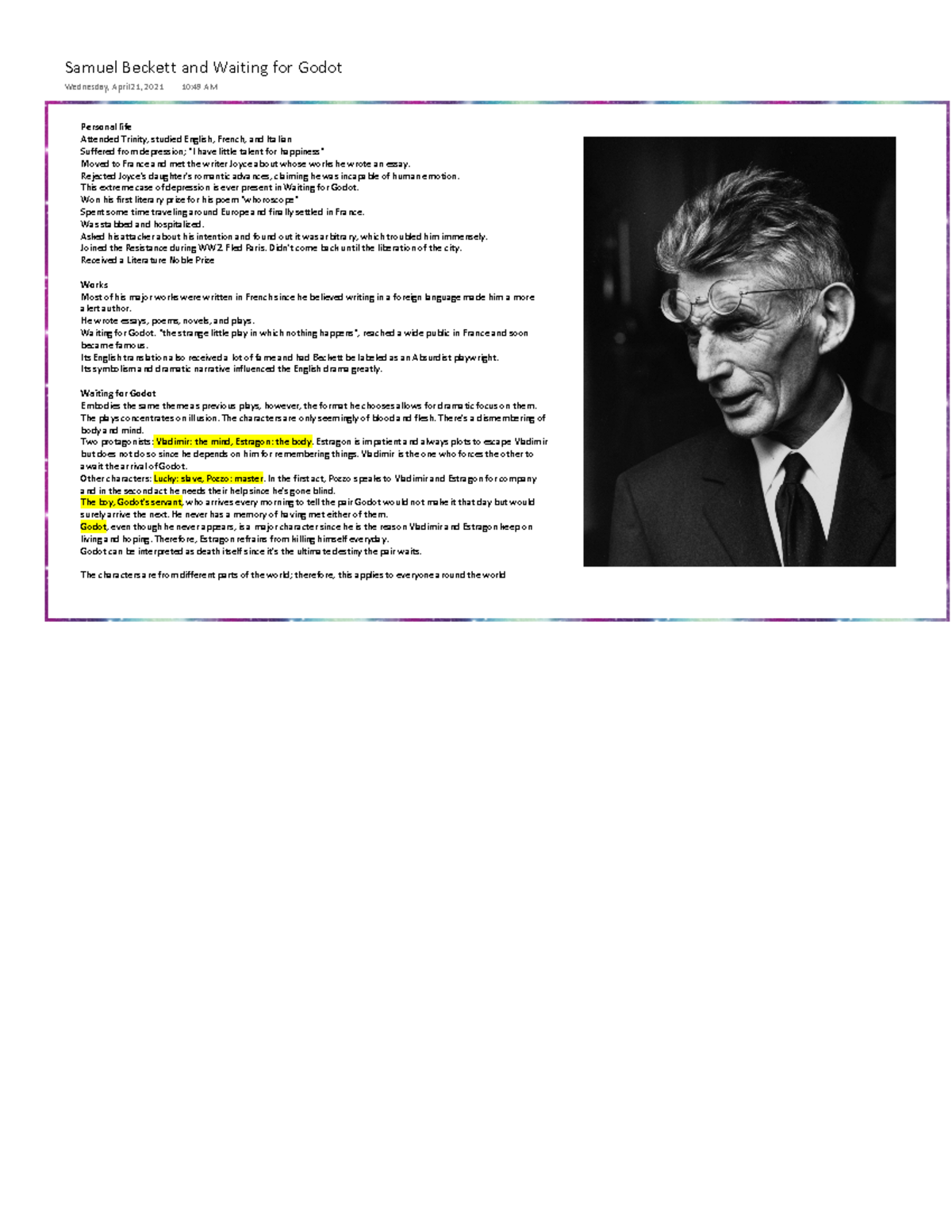 Samuel Beckett and Waiting for Godot - WĞƌƐŽŶĂů ůŝĨĞ - Studocu