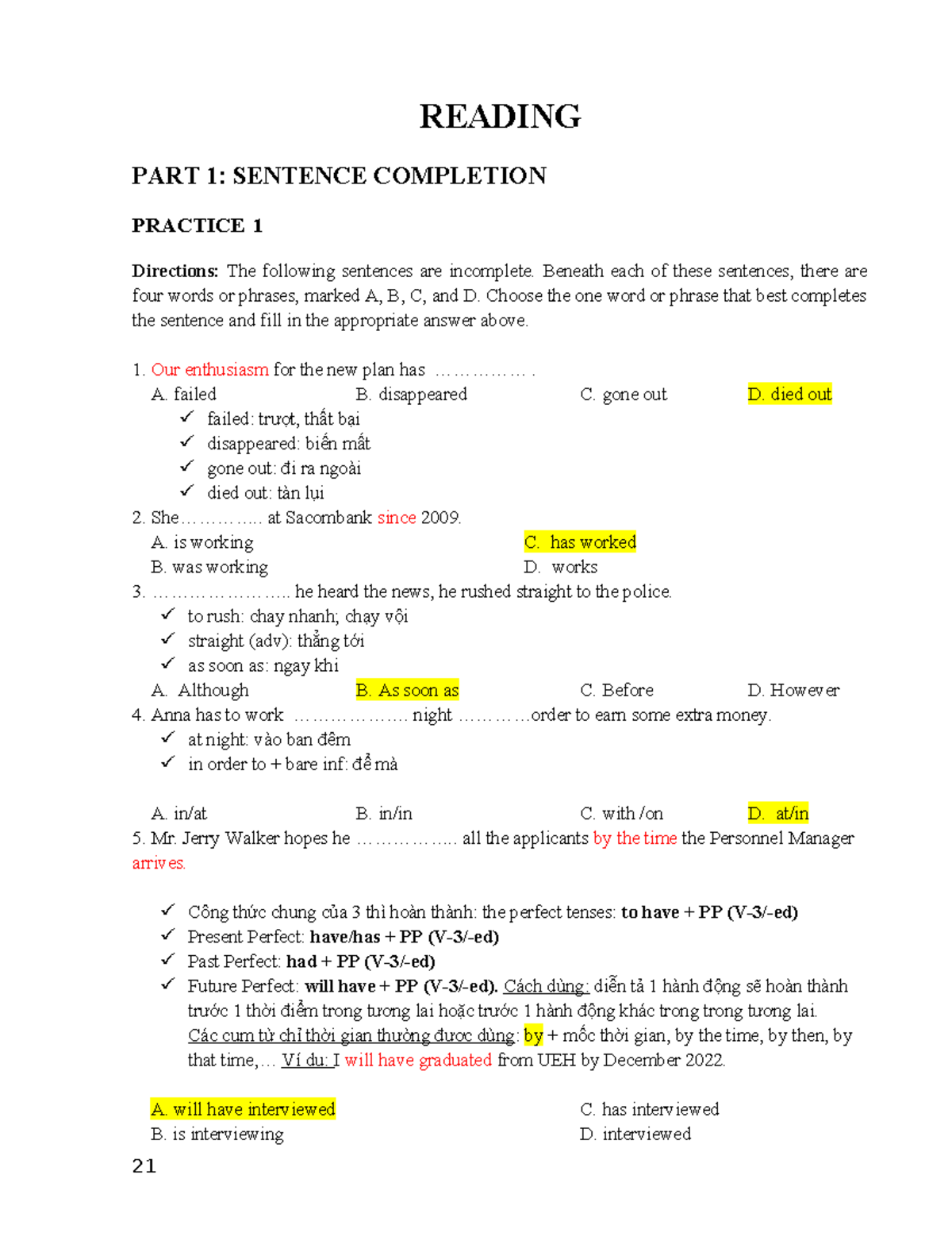 2.Sentence completion đề, key, explanation - READING PART 1: SENTENCE ...