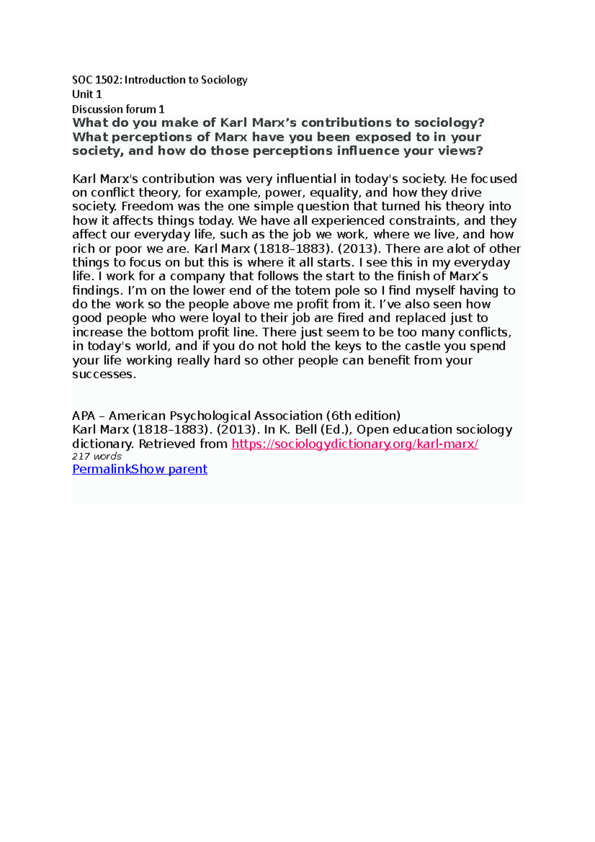 SOC 1502 Discussion Forum Unit 1 - SOC 1502: Introduction to Sociology ...