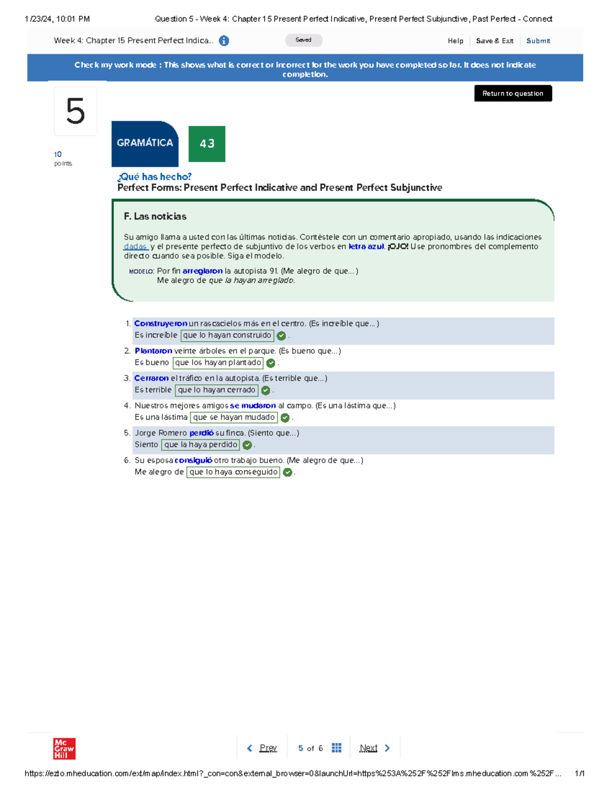 Question 5 - Week 4 Chapter 15 Present Perfect Indicative, Present ...