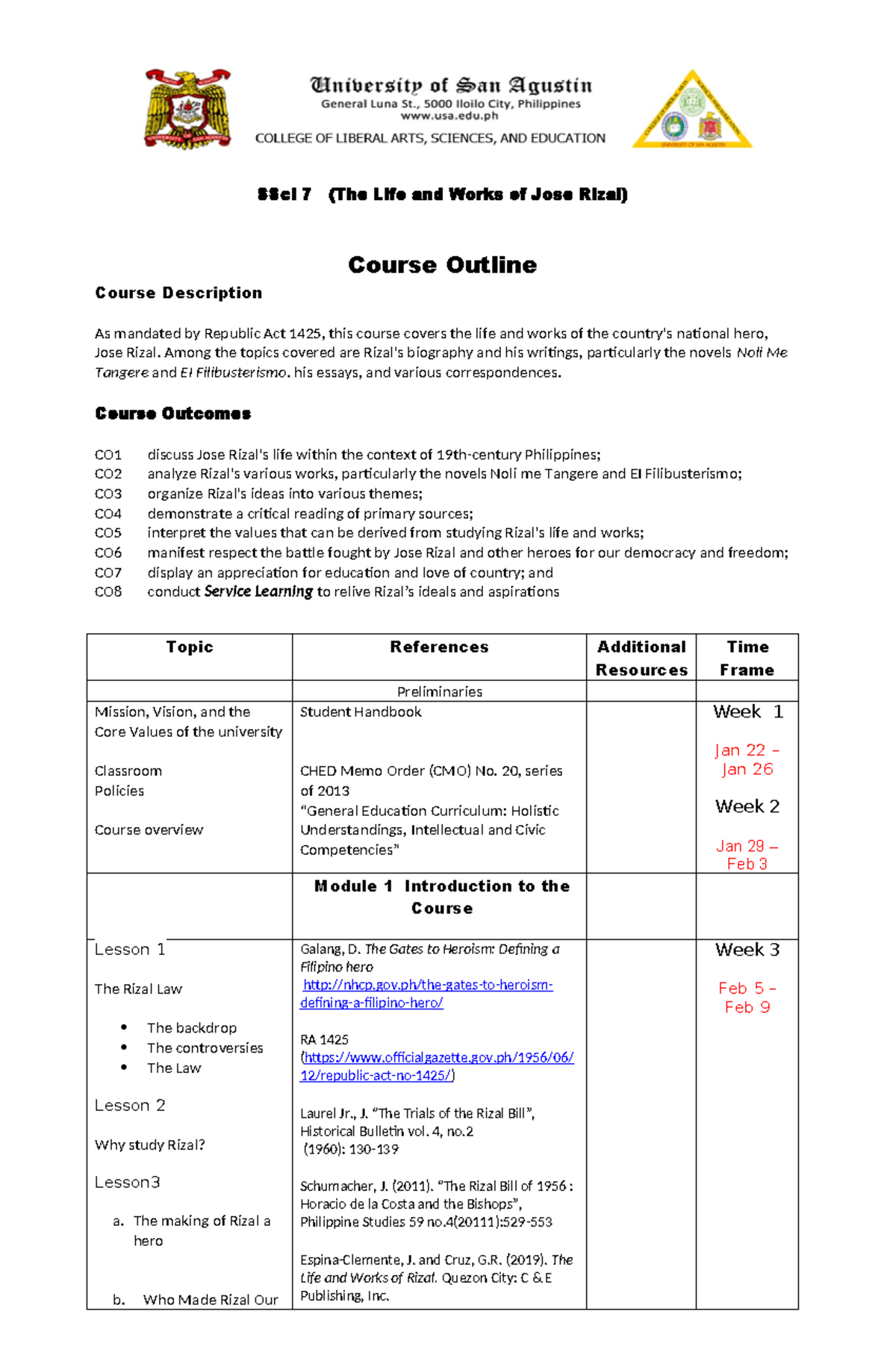 Course Outline SSci 7 The Life and Works of Jose Rizal - SSci 7 (The Life and Works of Jose ...