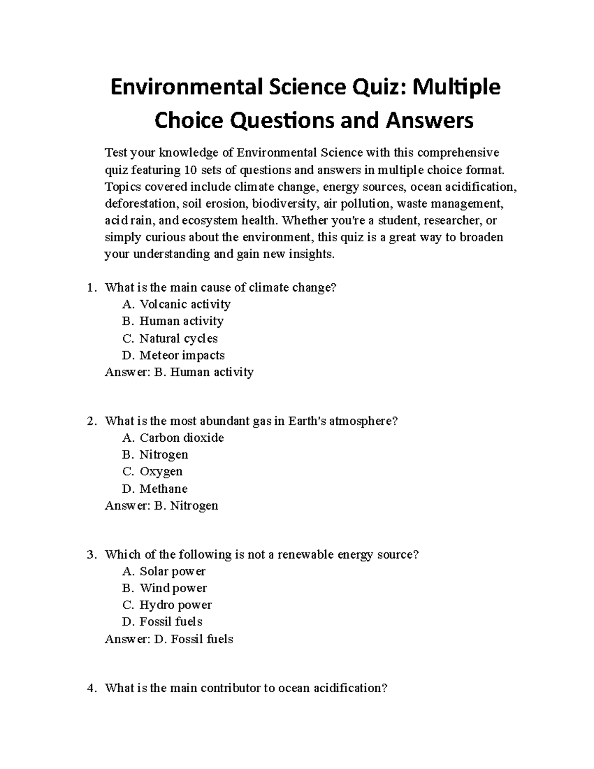 Environmental Science Quiz - Topics covered include climate change ...